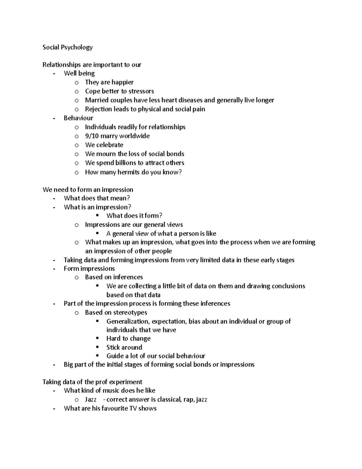 Social Psych LEC 1 - Lecture notes 1 - Social Psychology Relationships ...