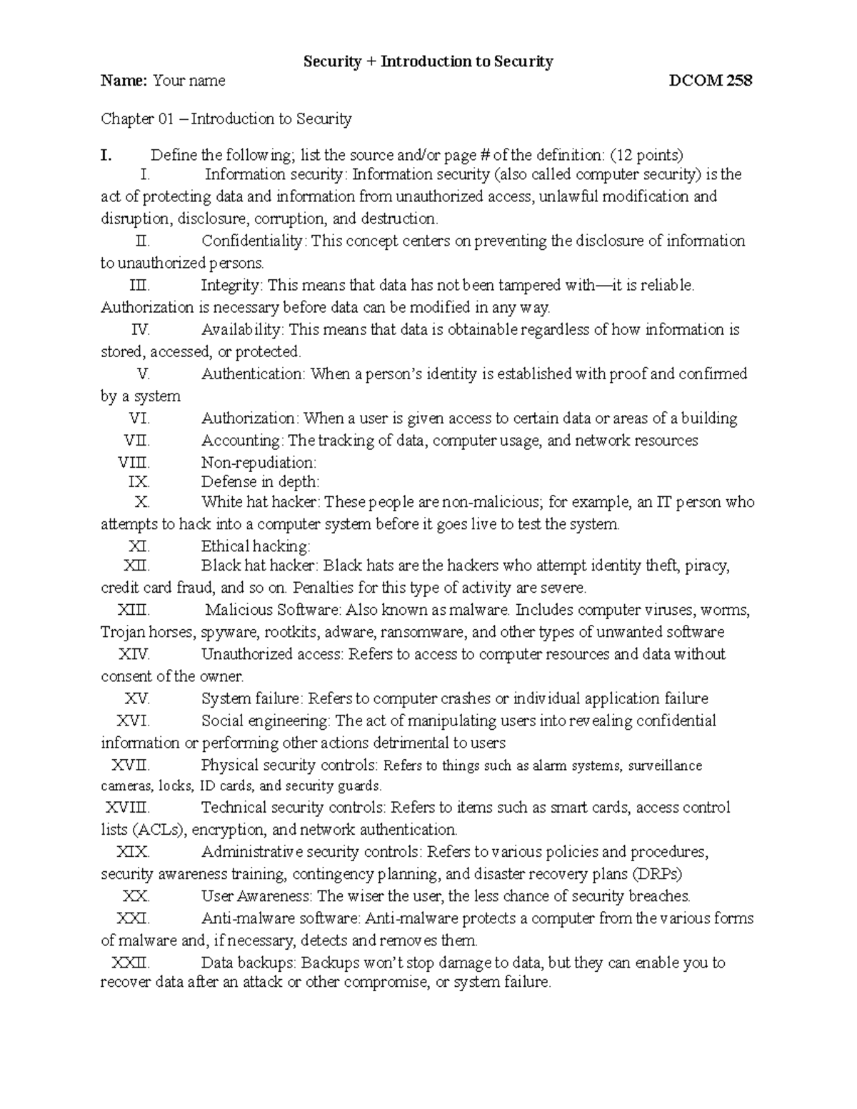 Dcom 258 Lab 01 Introduction To Security Security Introduction To Security Name Your Name