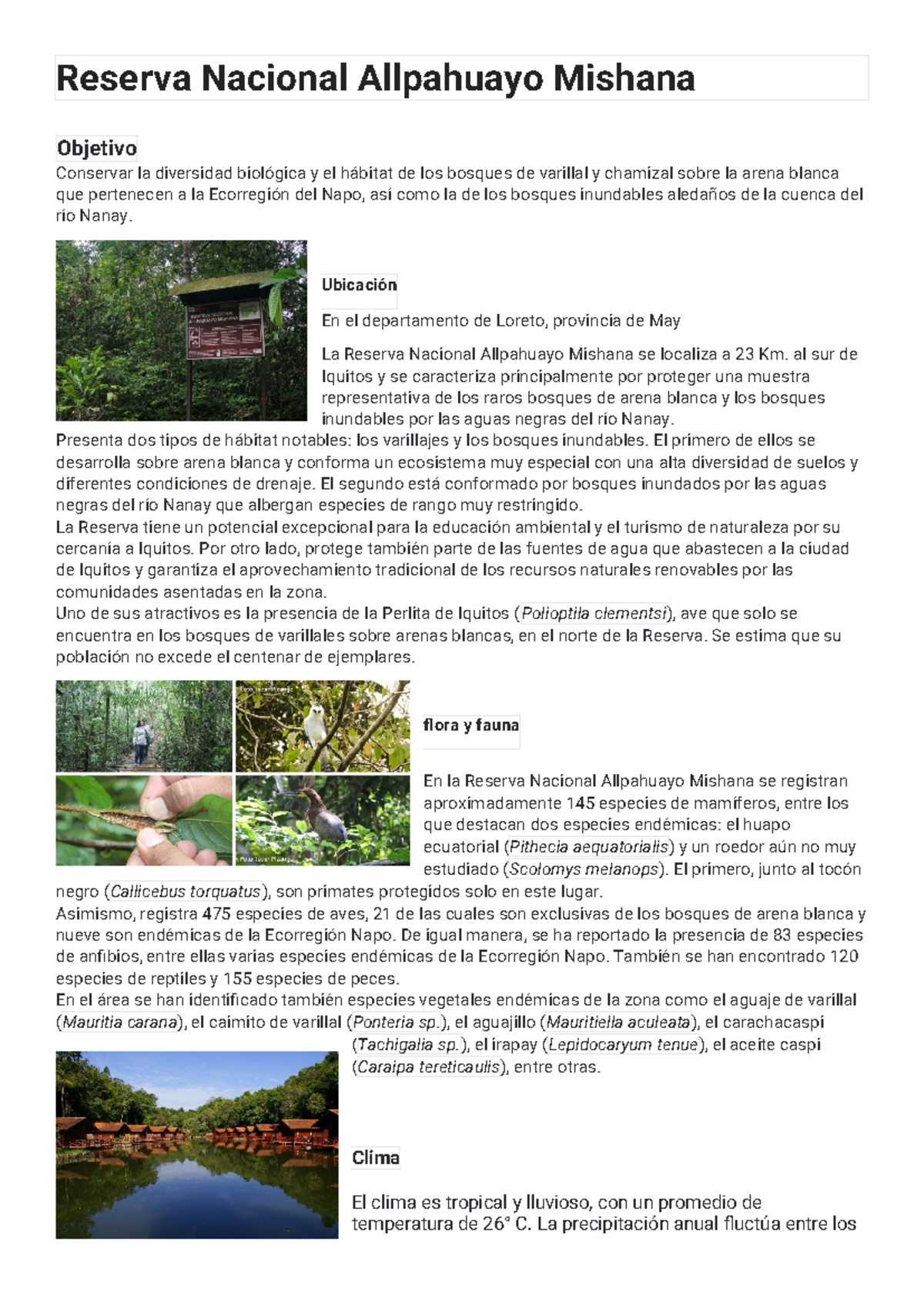 Reserva Nacional Allpahuayo Mishana - Reserva Nacional Allpahuayo ...