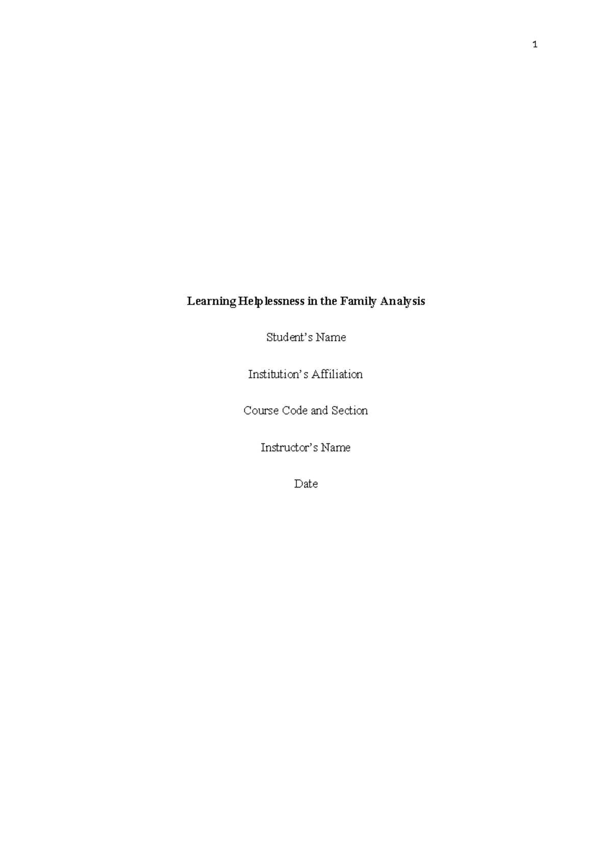 Learning Helplessness in the Family Analysis - Learning Helplessness in ...