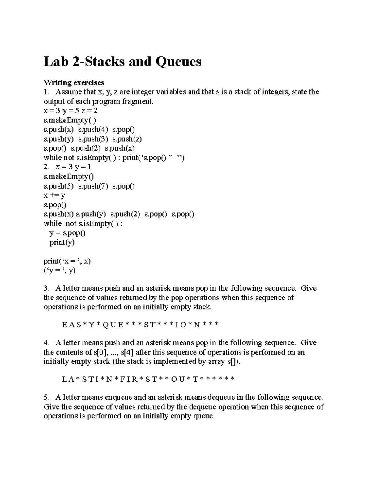 Lab 2 Dcdc Lab 2 Stacks And Queues Writing Exercises Assume That X Y Z Are Integer