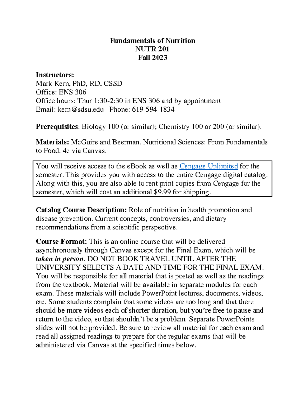 201 syllabus FA23 - help - Fundamentals of Nutrition NUTR 201 Fall 2023 Instructors: Mark Kern ...