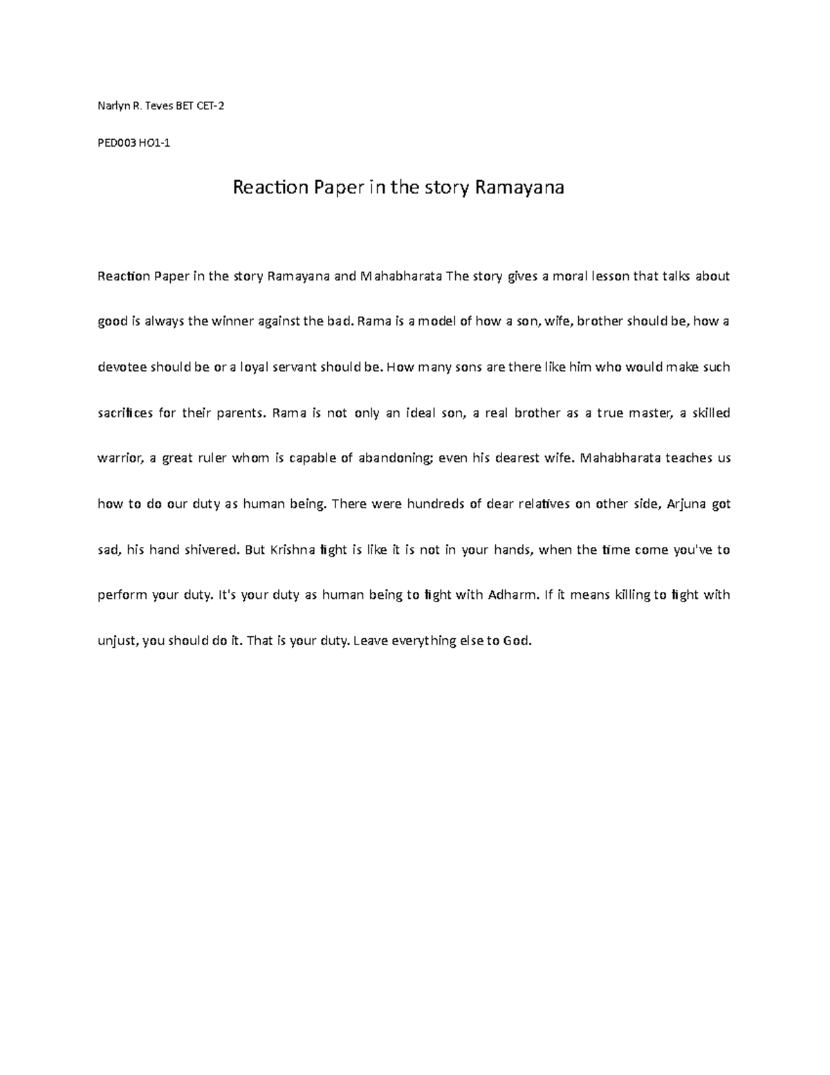 Teves Reaction Paper - They also work on issues related to natural ...