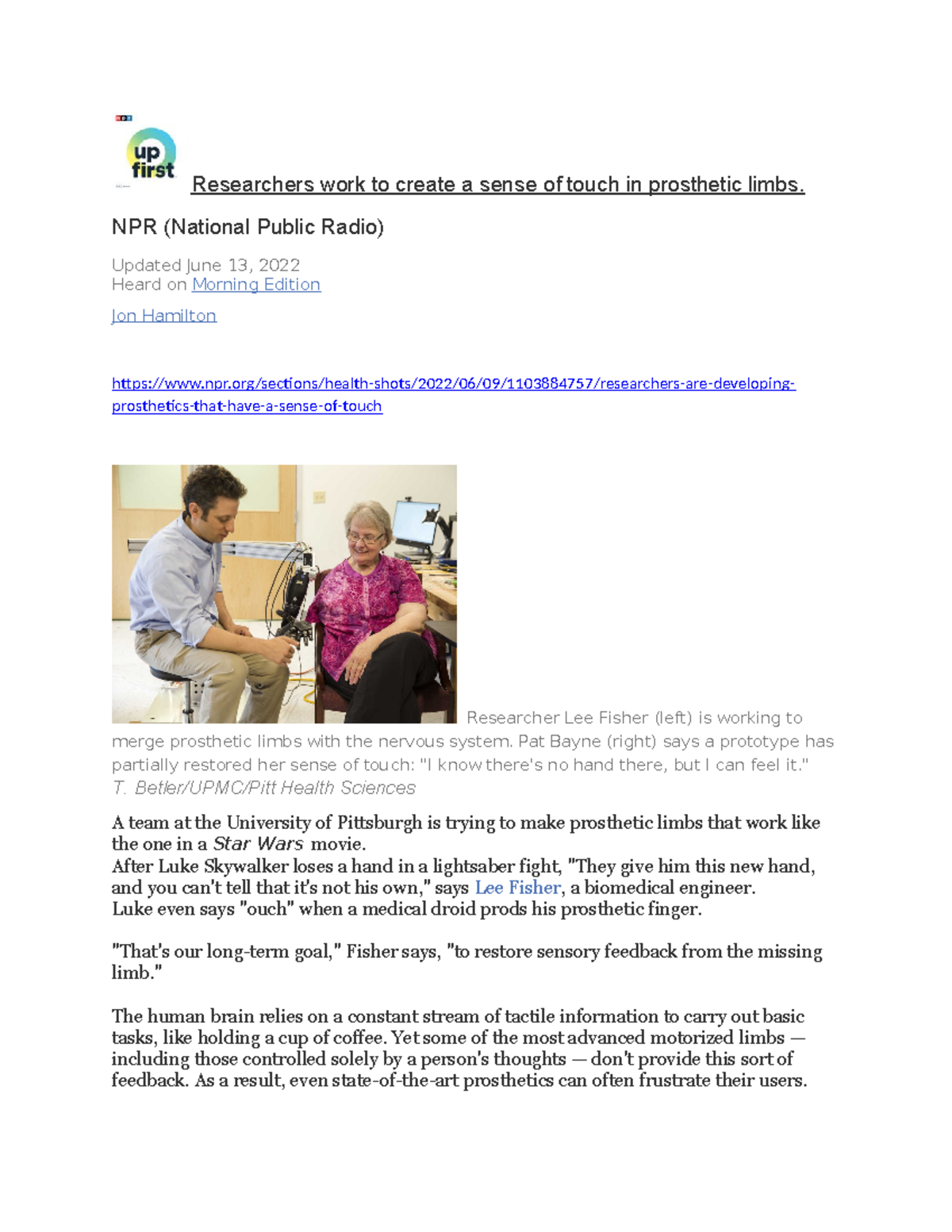 Prosthetics Advances Article 1 - Researchers work to create a sense of ...