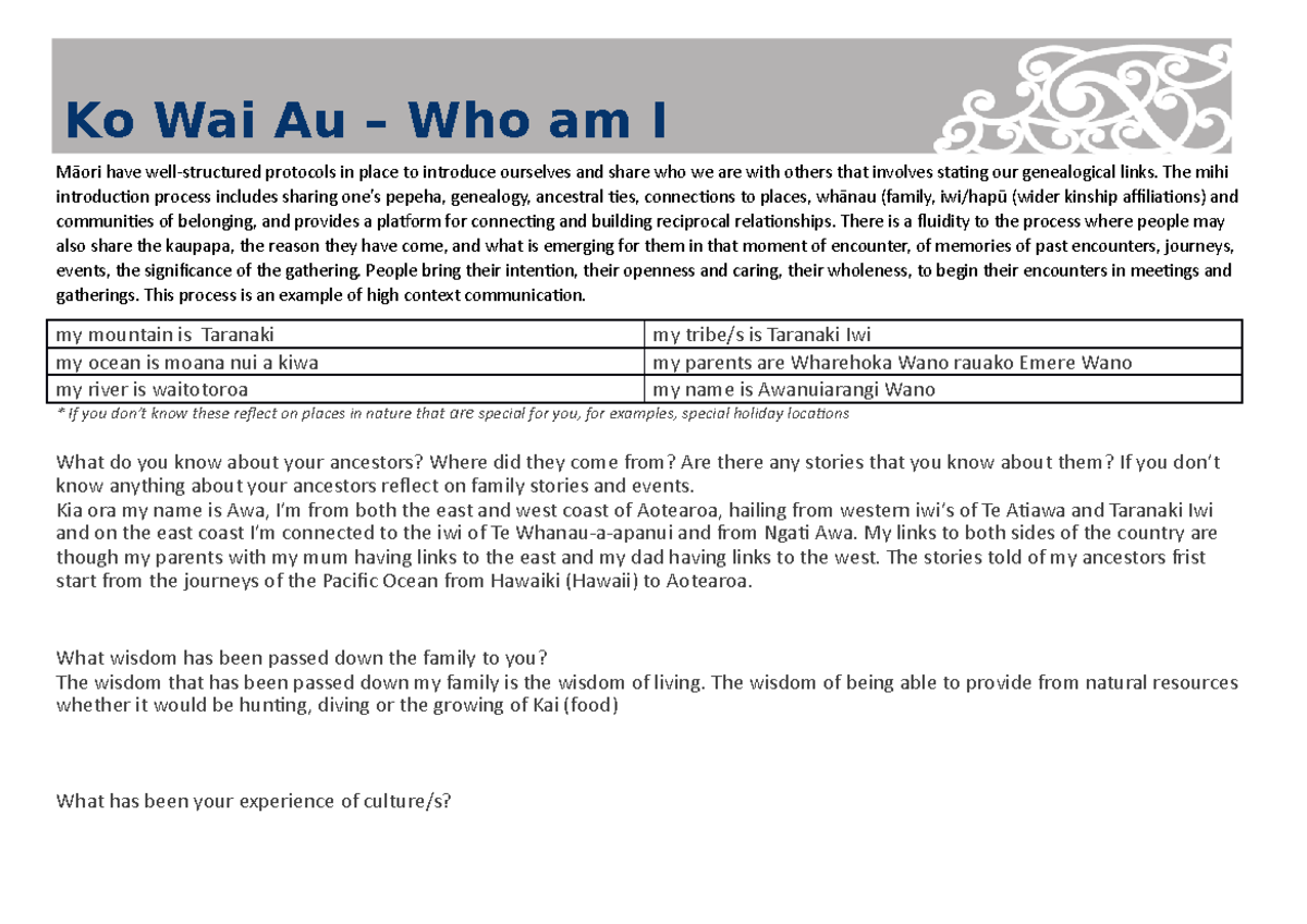 Business Mihi tutorial sheet week 1 introduction week - Māori have well ...