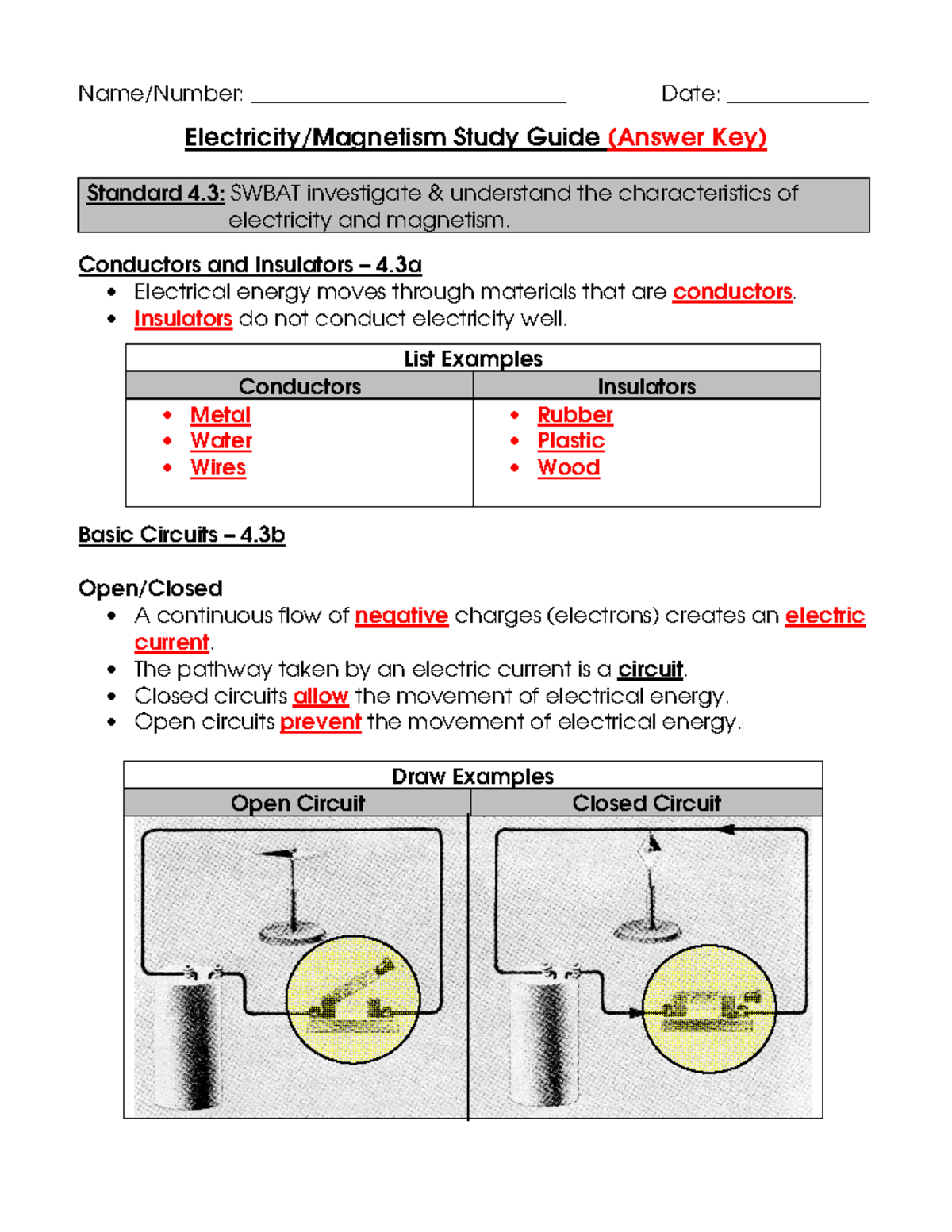 Electricity Magnetism Studyguide-KEY - Name/Number ...