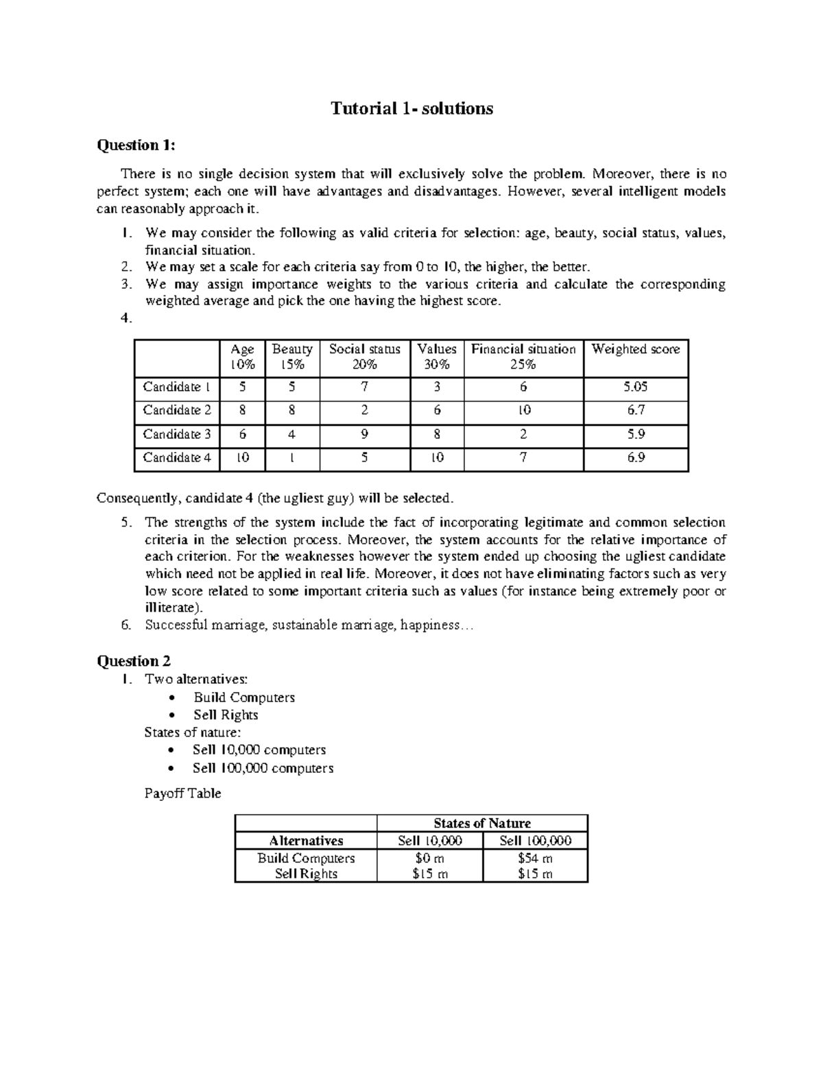 Tutorial 1 Solutions - Tutorial 1- solutions Question 1 : There is no single decision system ...