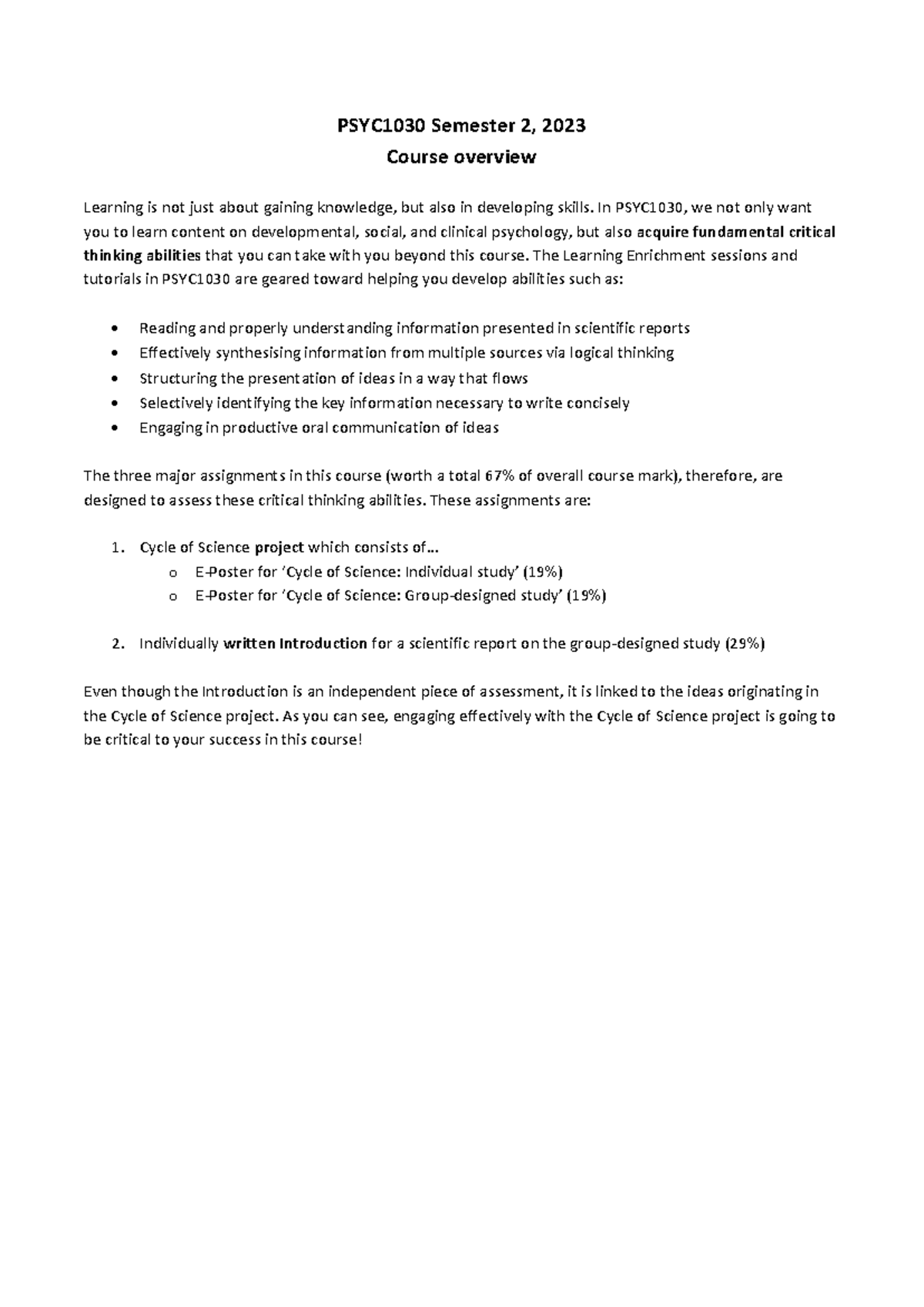 PSYC1030 course overview (S2 2023) - PSYC1030 Semester 2 , 202 3 Course ...