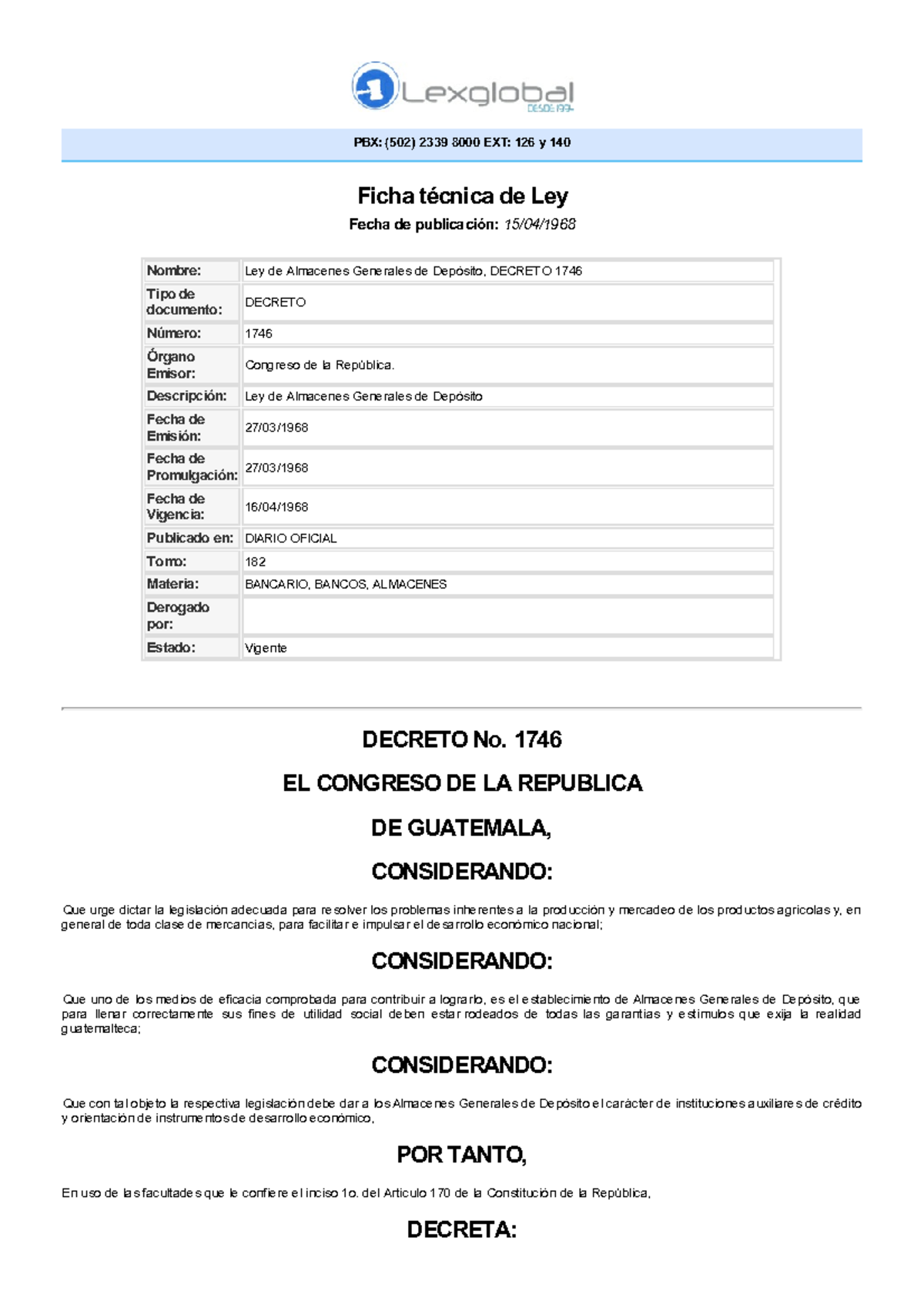 Ley - Ley de Almacenes Generales de Depósito, Decreto 17 - 15-04-1968 ...