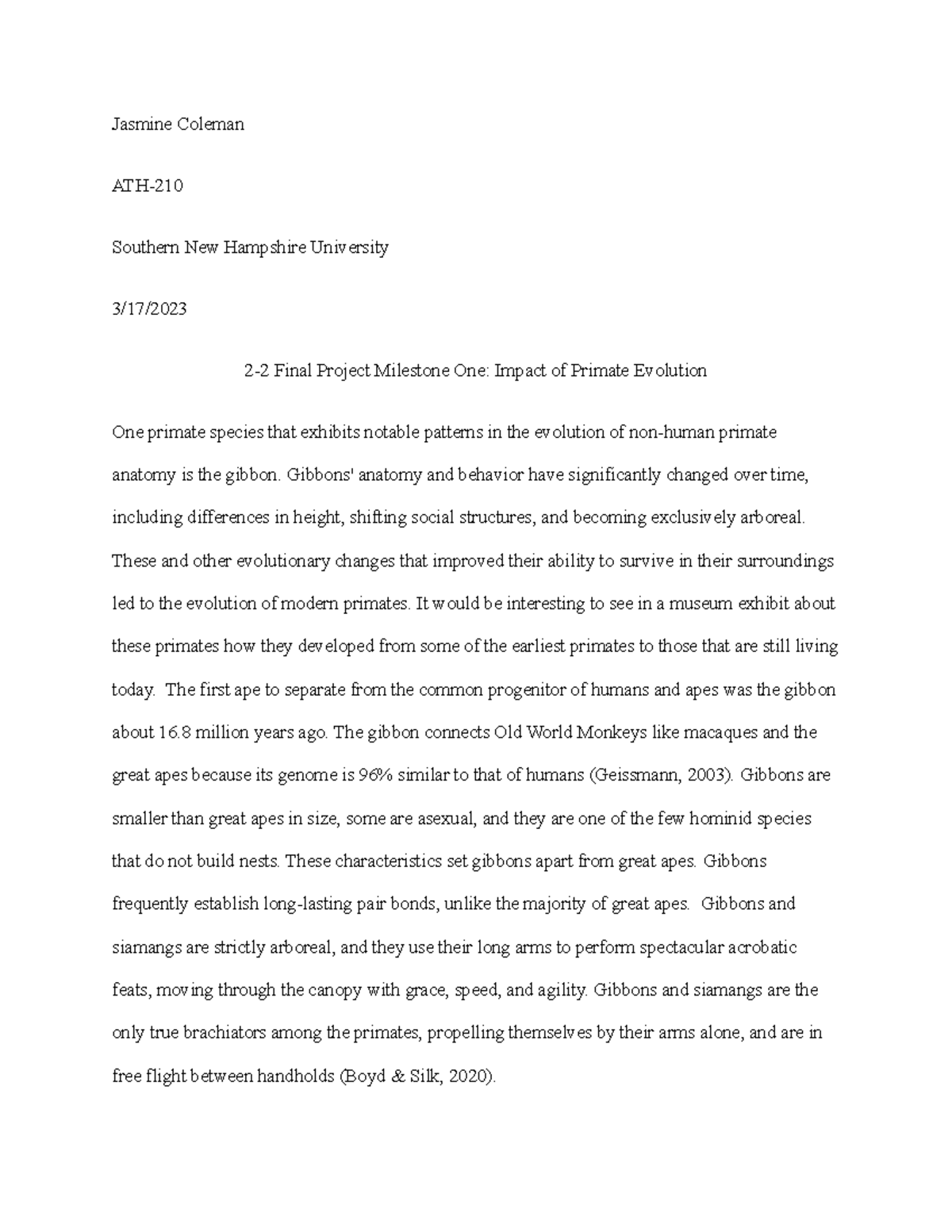Jasmine Coleman 2-2 Final Project Milestone One Impact of Primate Evolution - Jasmine Coleman ...