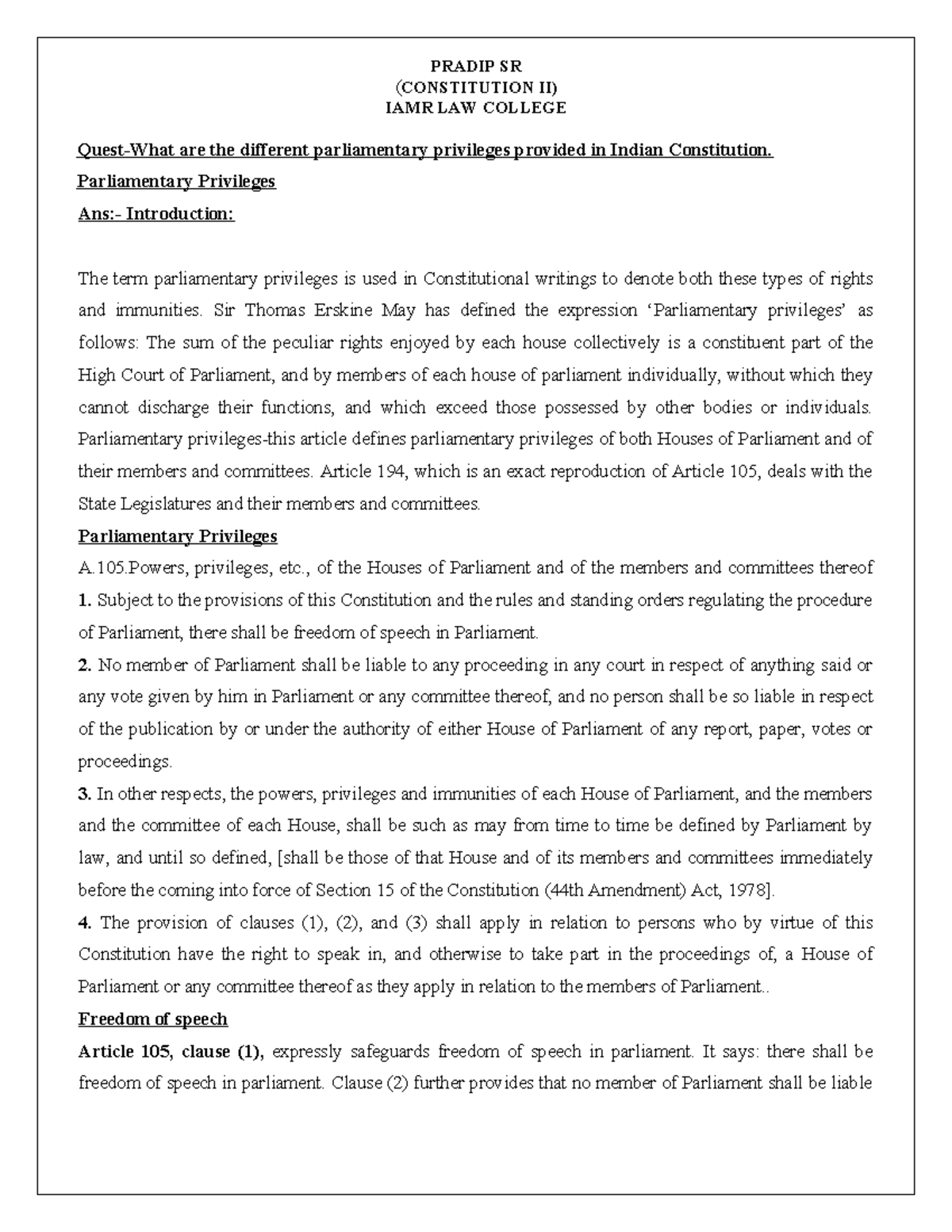 Constitution notes - (CONSTITUTION II) IAMR LAW COLLEGE Quest-What are ...