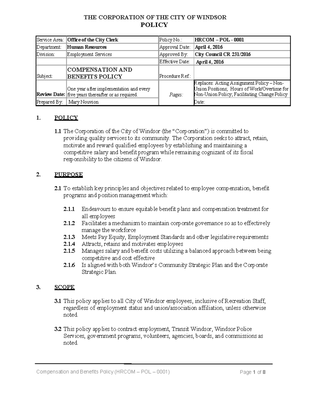 Compensation and Benefits Policy - THE CORPORATION OF THE CITY OF ...