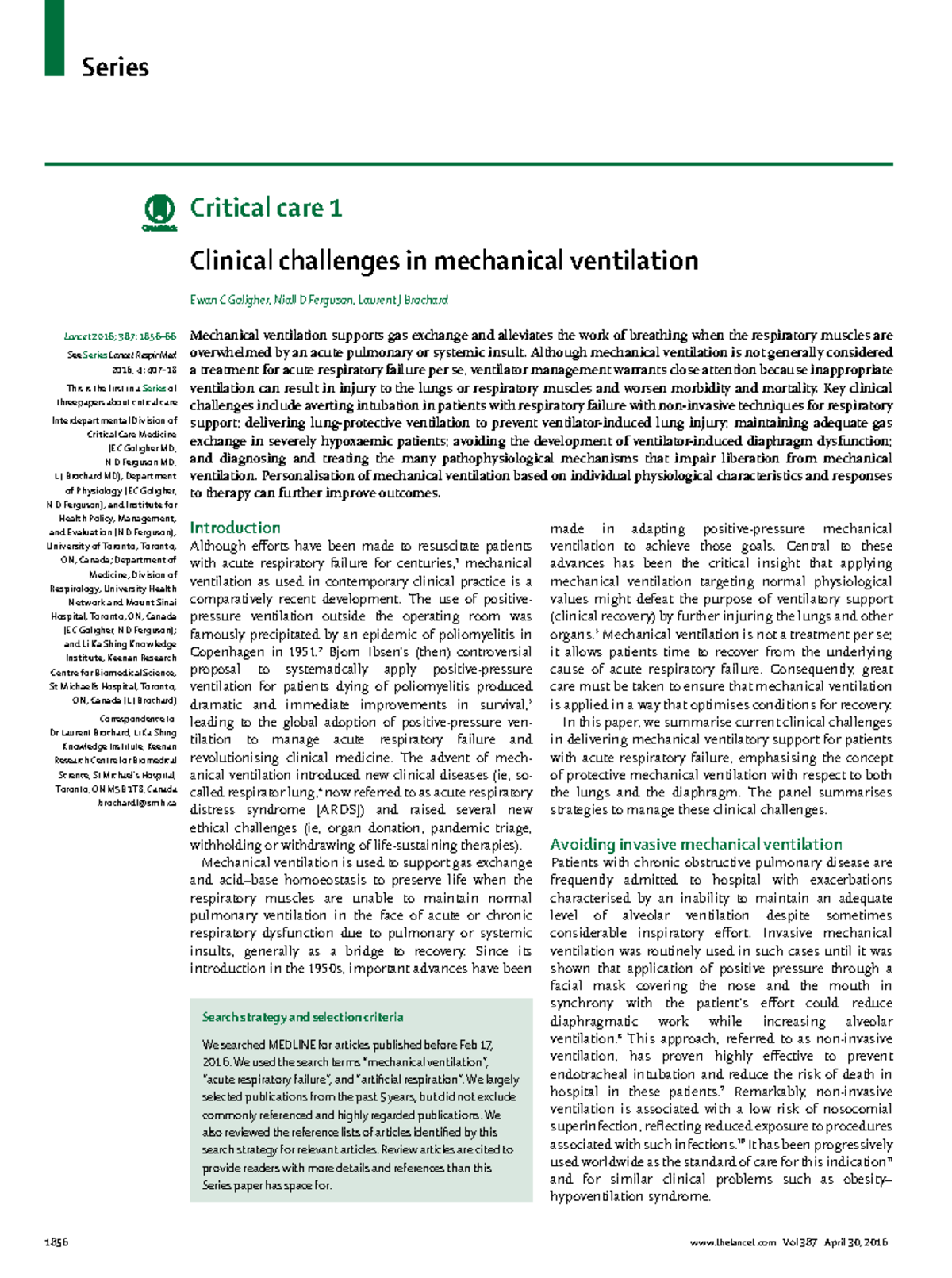 Clinical Challenges in MV - Lancet 2016 - Critical care 1 Clinical ...