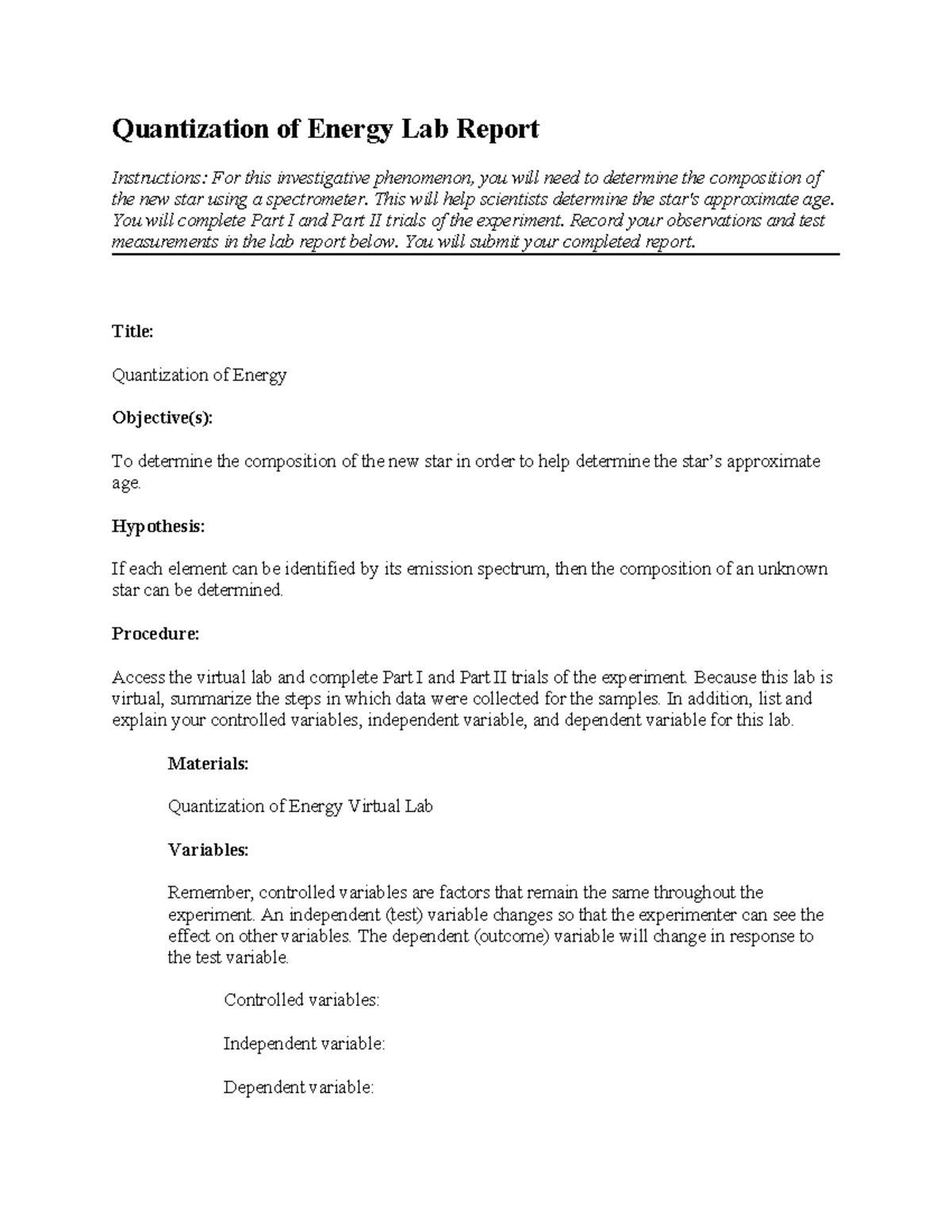 Quantization of Energy Lab Report - Quantization of Energy Lab Report ...