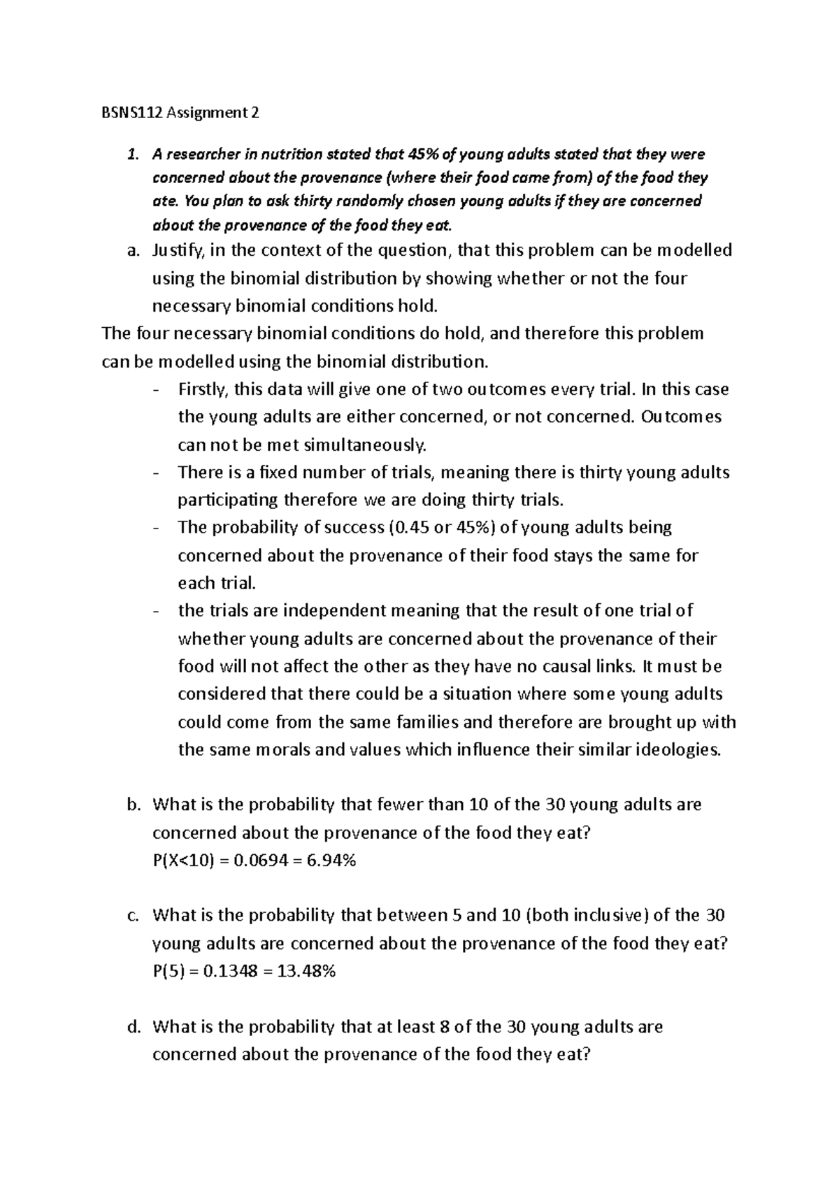 BSNS112 Assignment 2 - Grade: A - BSNS112 Assignment 2 1. A researcher ...