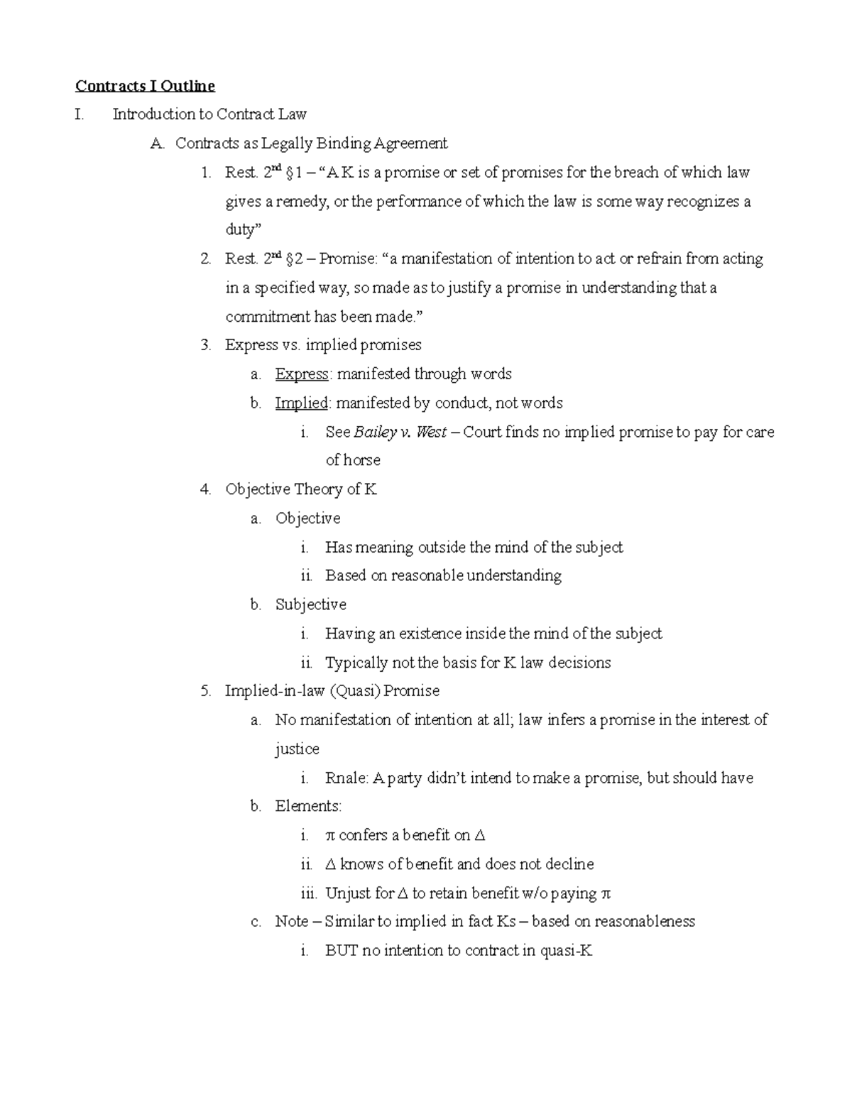 Contracts I Outline - Lecture notes - Contracts I Outline I ...