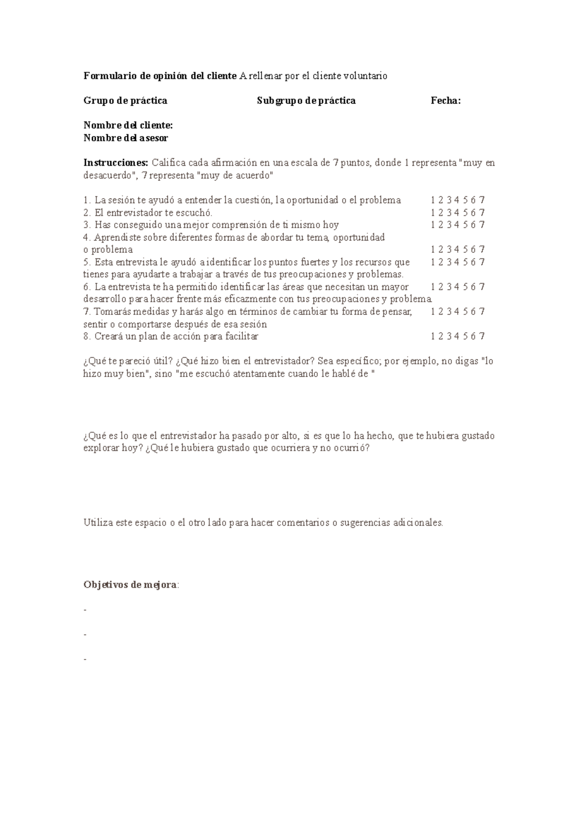 Formulario de opinión del cliente sesión2 - Formulario de opinión del ...
