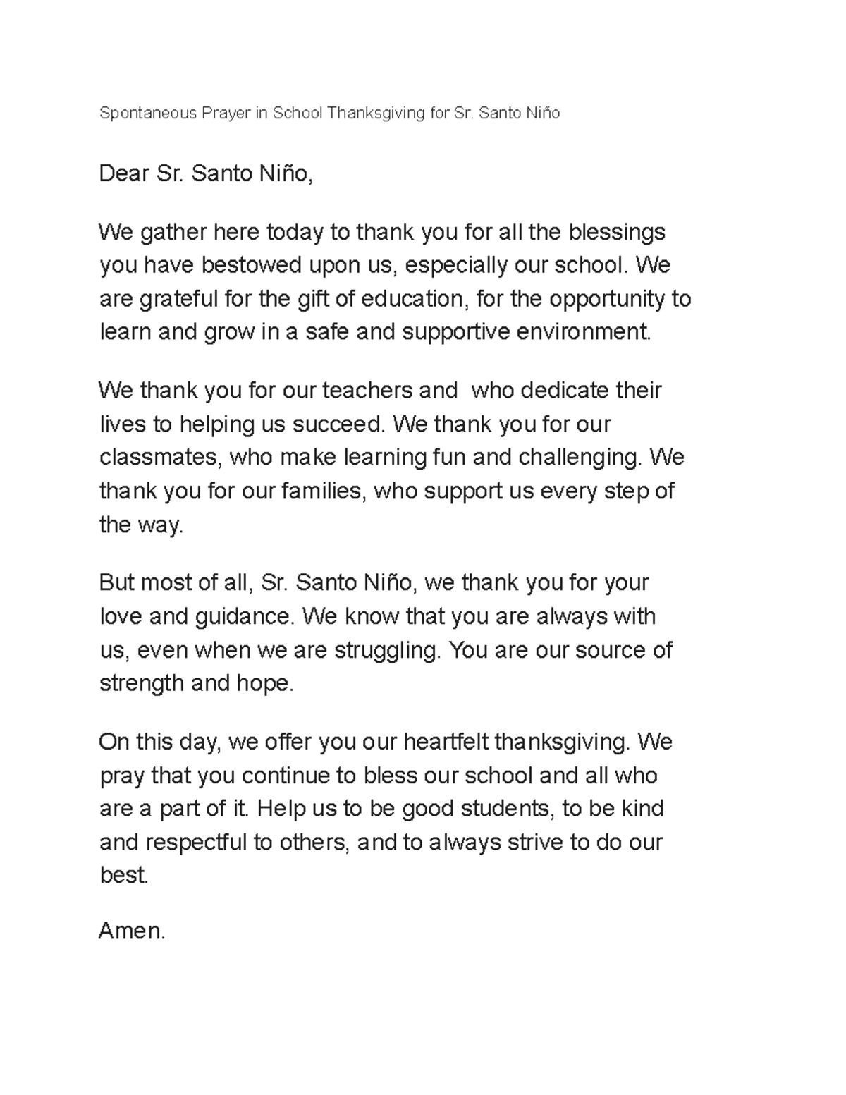 Spontaneous Prayer in school thanksgiving for Sr. Santo Niño ...