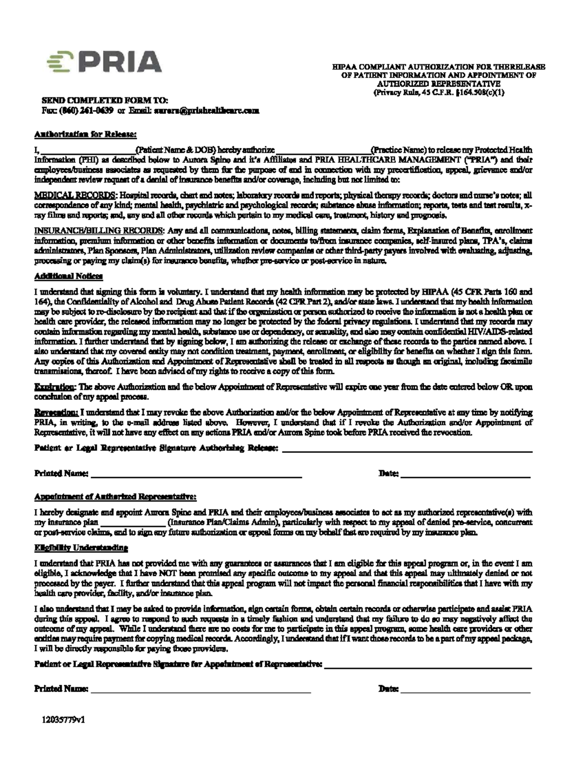 Aurora-lumbar fusion consent form - PRIA HIPAA COMPLIANT AUTHORIZATION ...