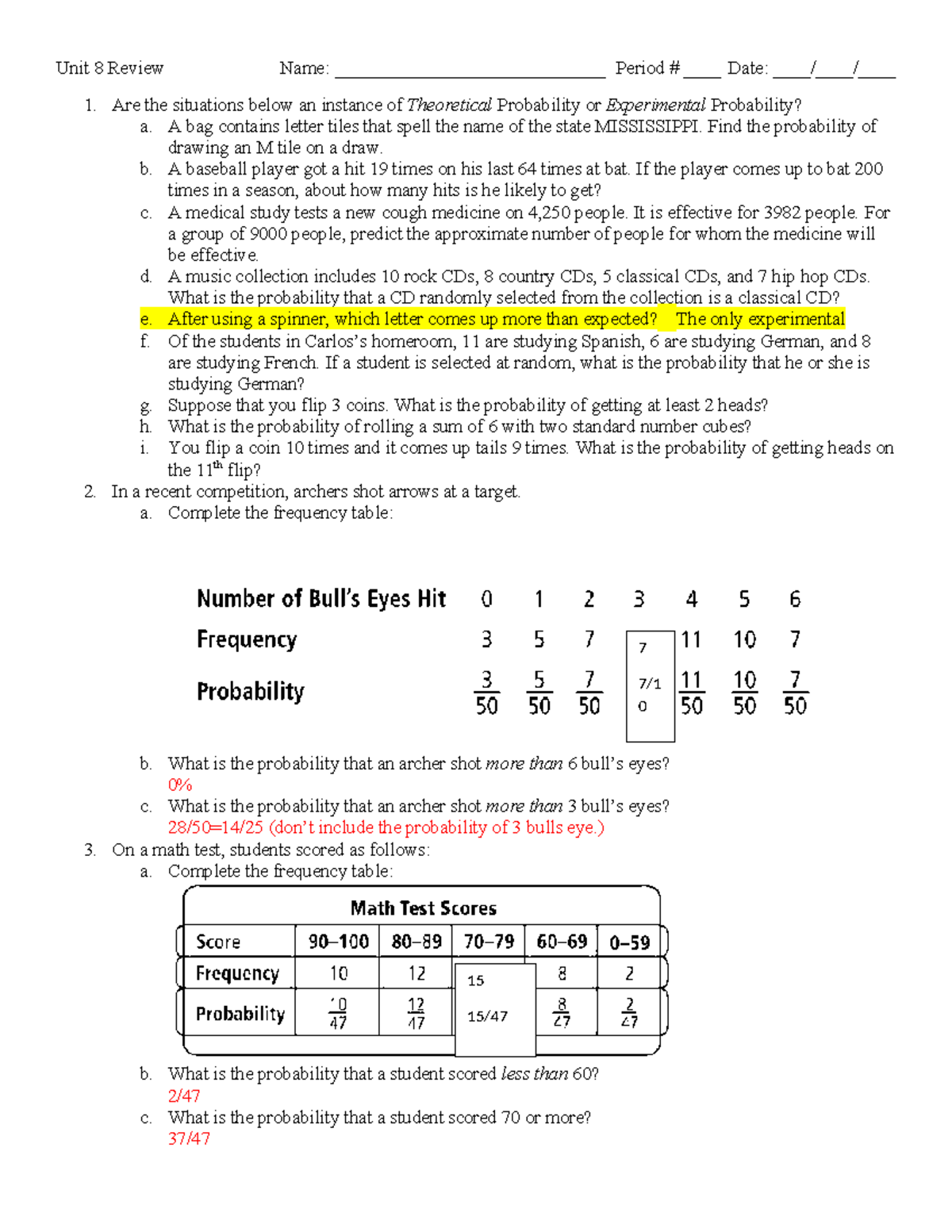 Unit 8 Review - Testing - Unit 8 Review Name ...