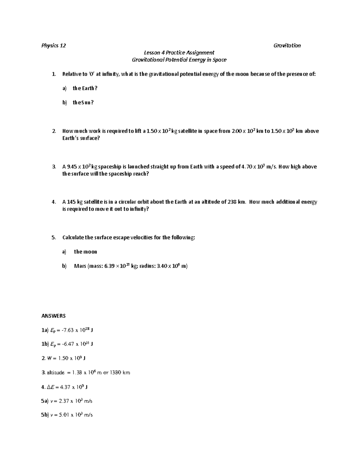 Assignment - 20 - Physics - 12 - Physics 12 Gravitation Lesson 4 ...