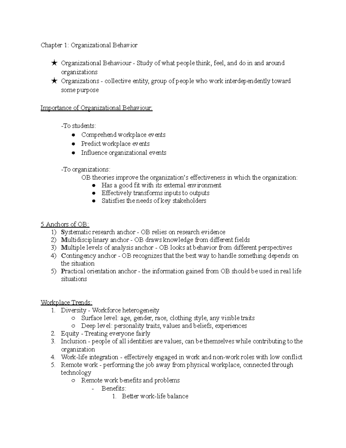 Bus203 Midterm - Chapter 1-4 notes - Chapter 1: Organizational Behavior ...