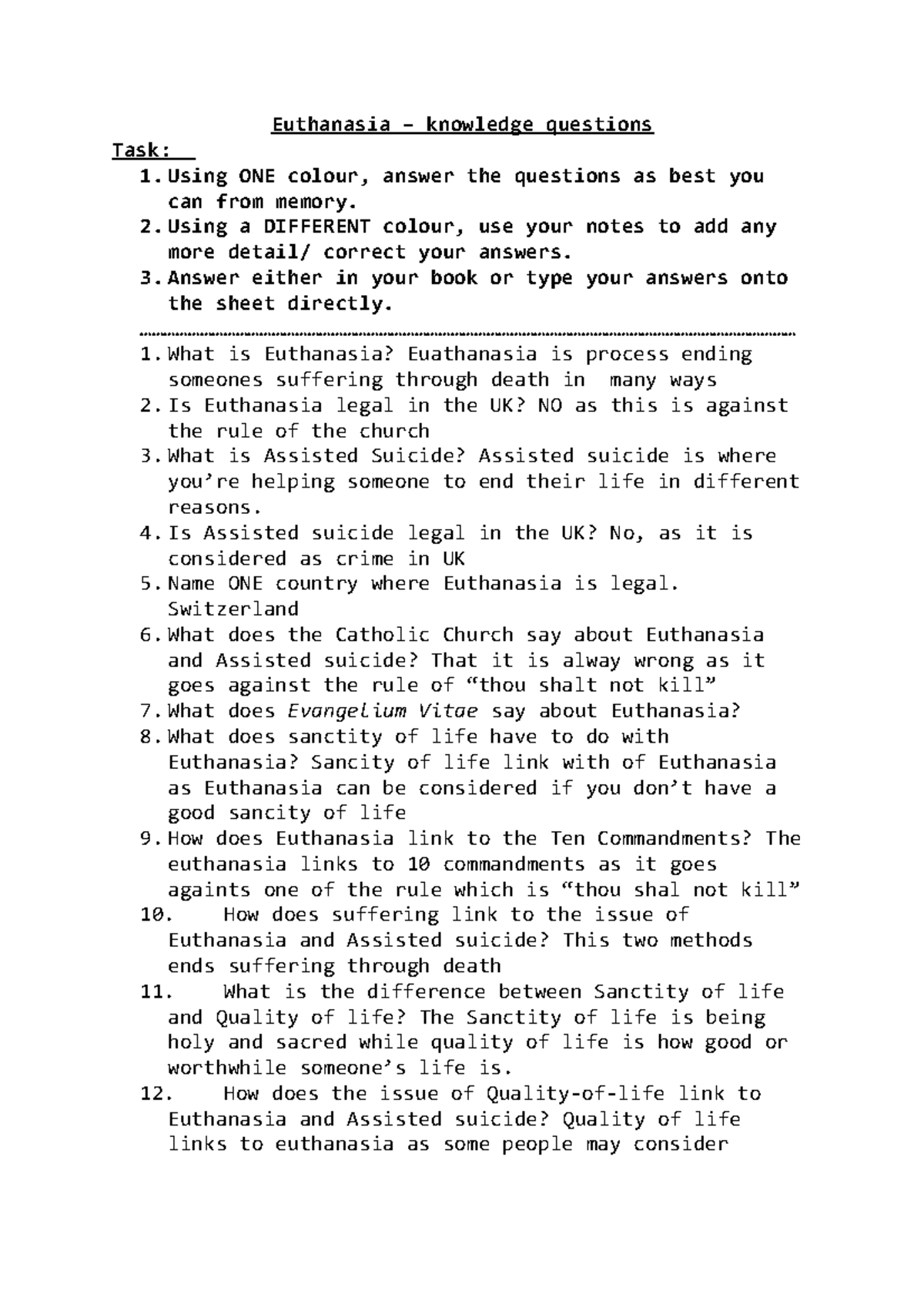 Euthanasia revision questions - Euthanasia – knowledge questions Task ...