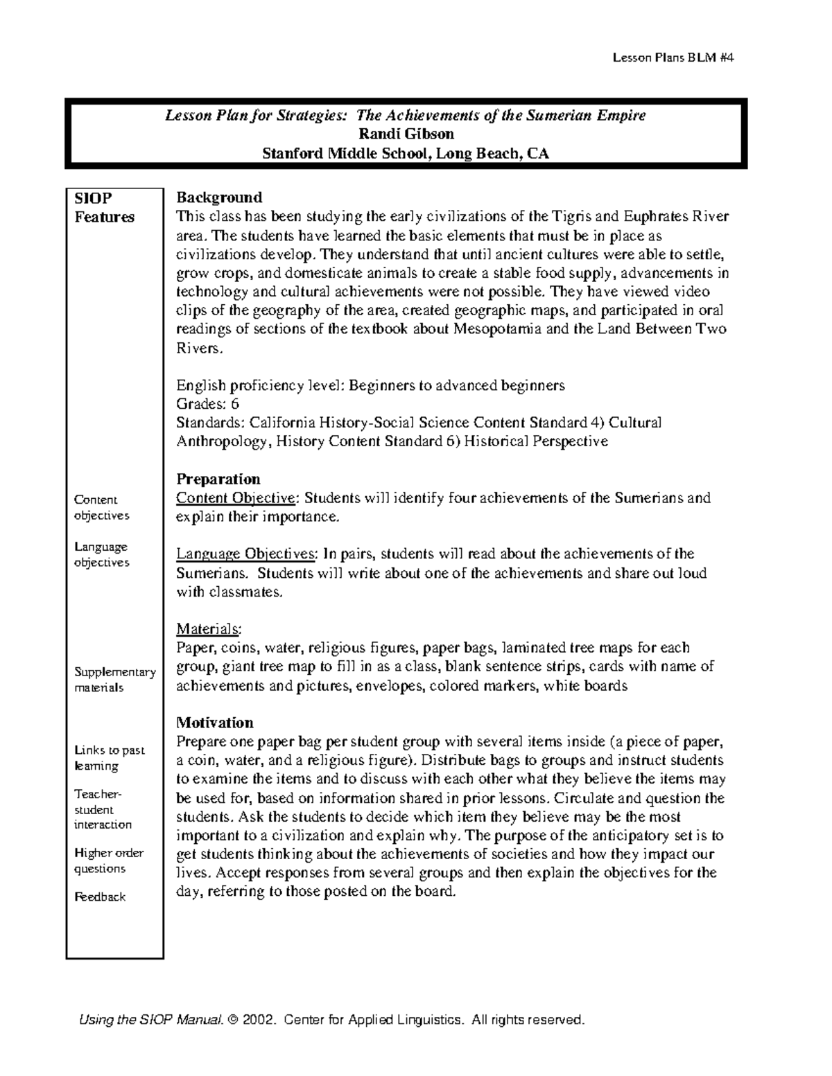 SIOP Randi History Sumerian Lesson Plan - Lesson Plans BLM # Lesson ...