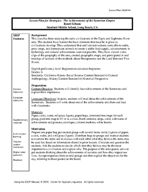 SIOP Math Addition Lesson - Lesson Plans BLM # Lesson Plan for ...