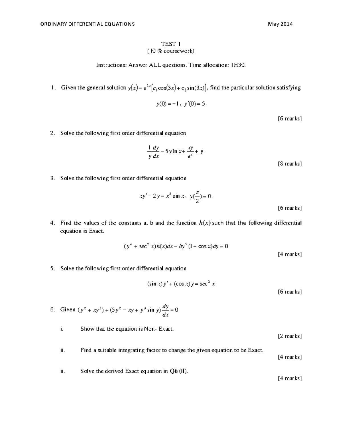 Test 1 - Questions [May 2014 ] - ORDINARY DIFFERENTIAL EQUATIONS May ...