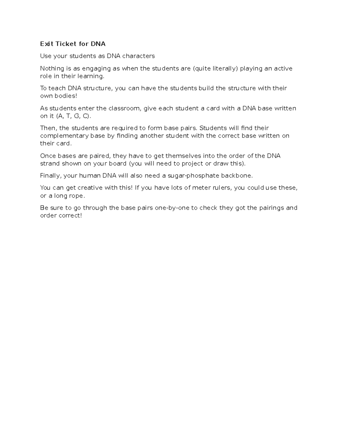 Exit Ticket for DNA - To teach DNA structure, you can have the students ...