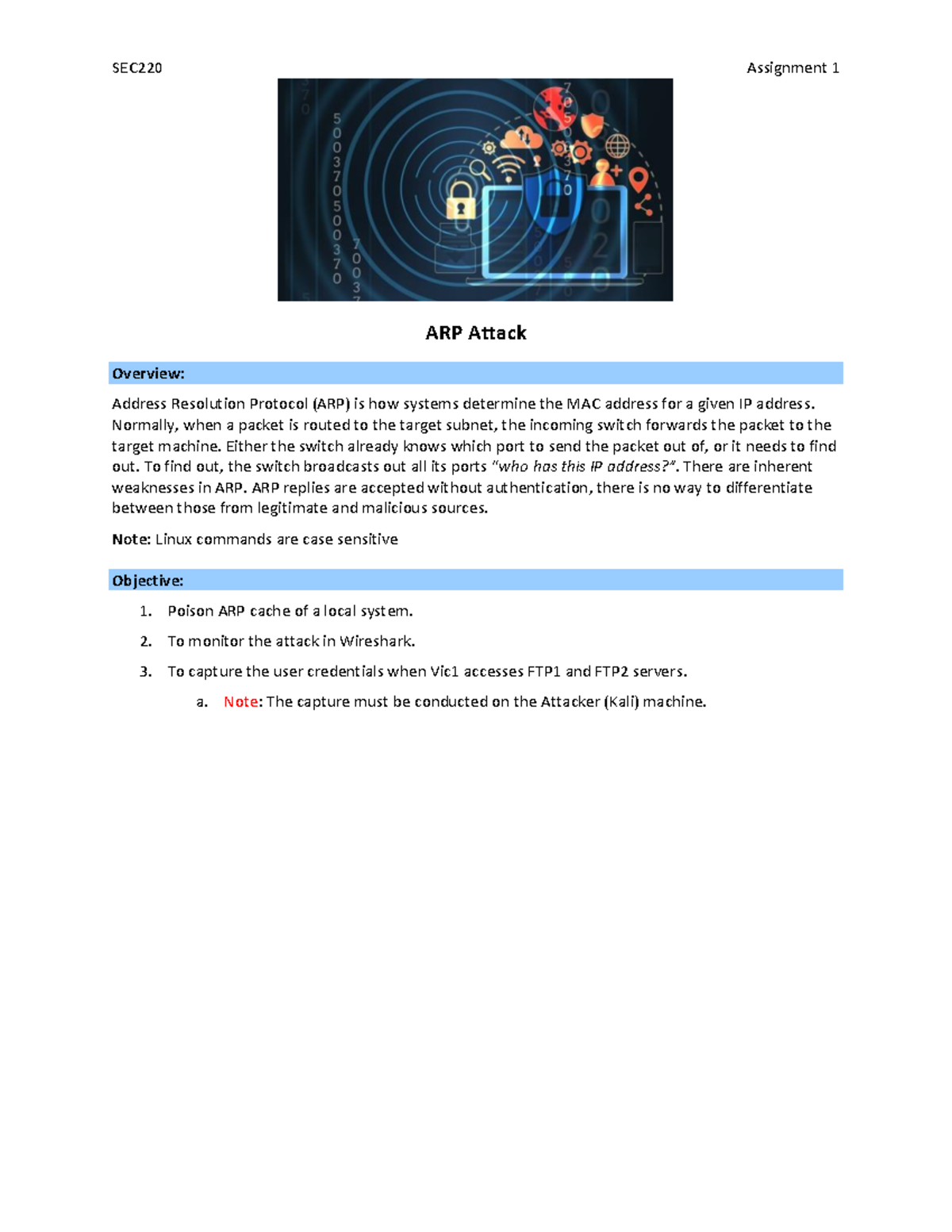 SEC220 Assignment 1-S24 - ARP Attack Overview: Address Resolution Protocol (ARP) is how systems ...