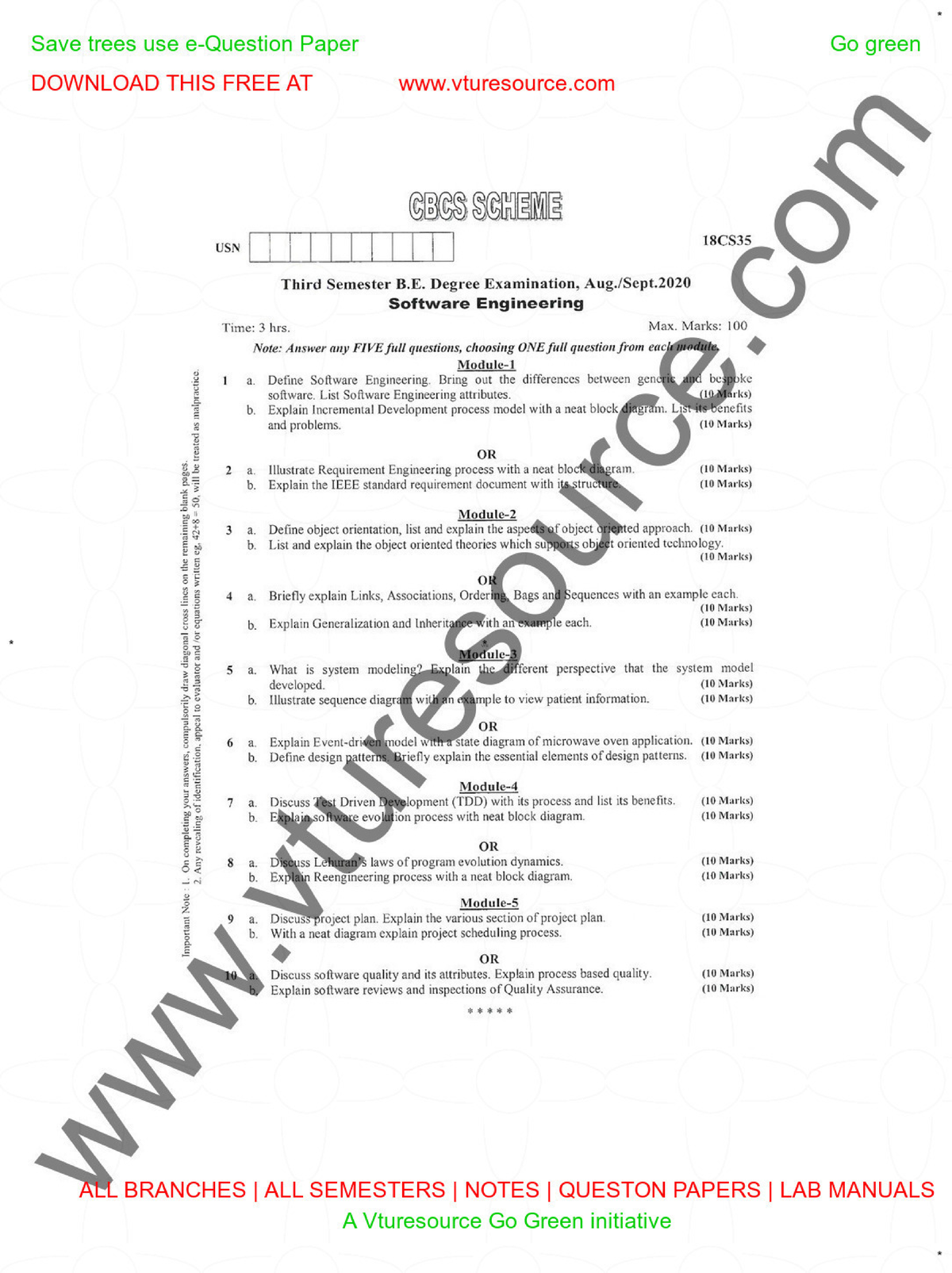 Aug-2020 - SE question paper cse 3rd semester vtu - Software Engineering - Studocu