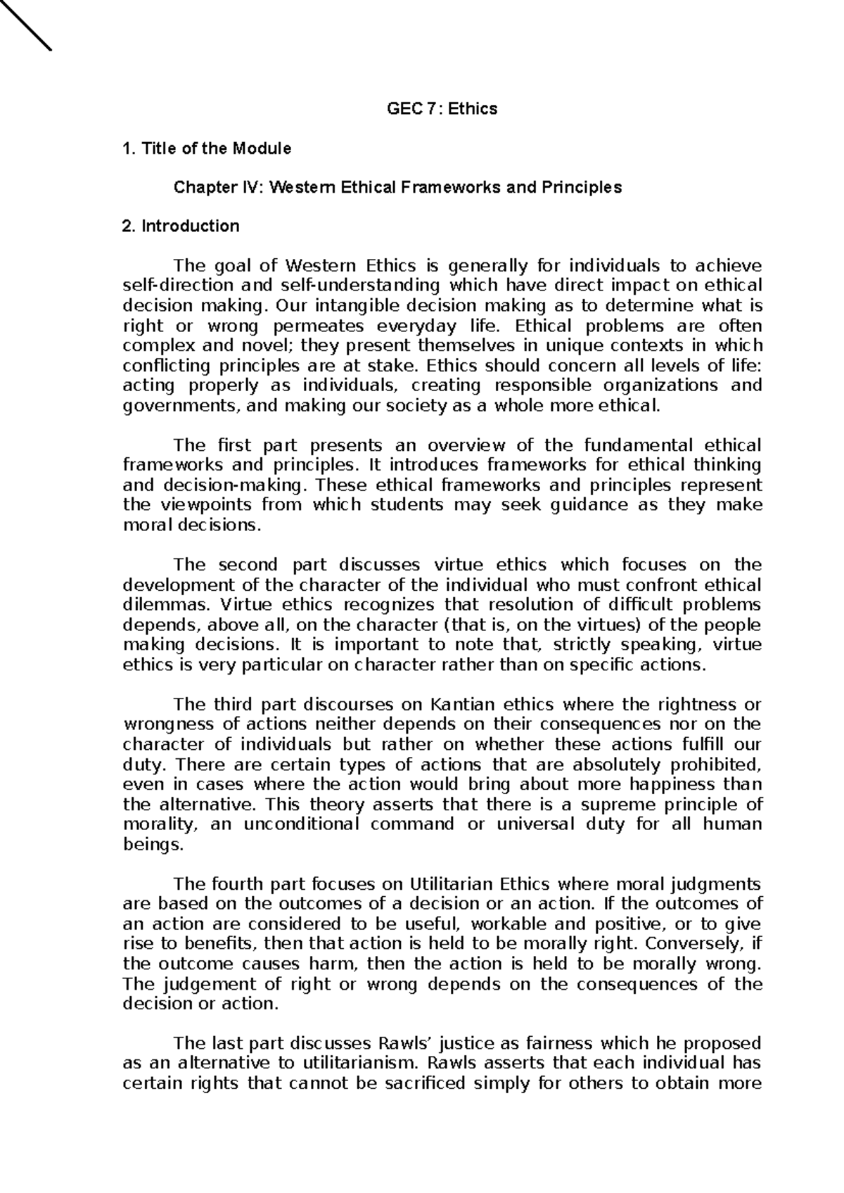 Chapter 4 Western Ethical Frameworks and Principles - GEC 7: Ethics Title of the Module Chapter ...