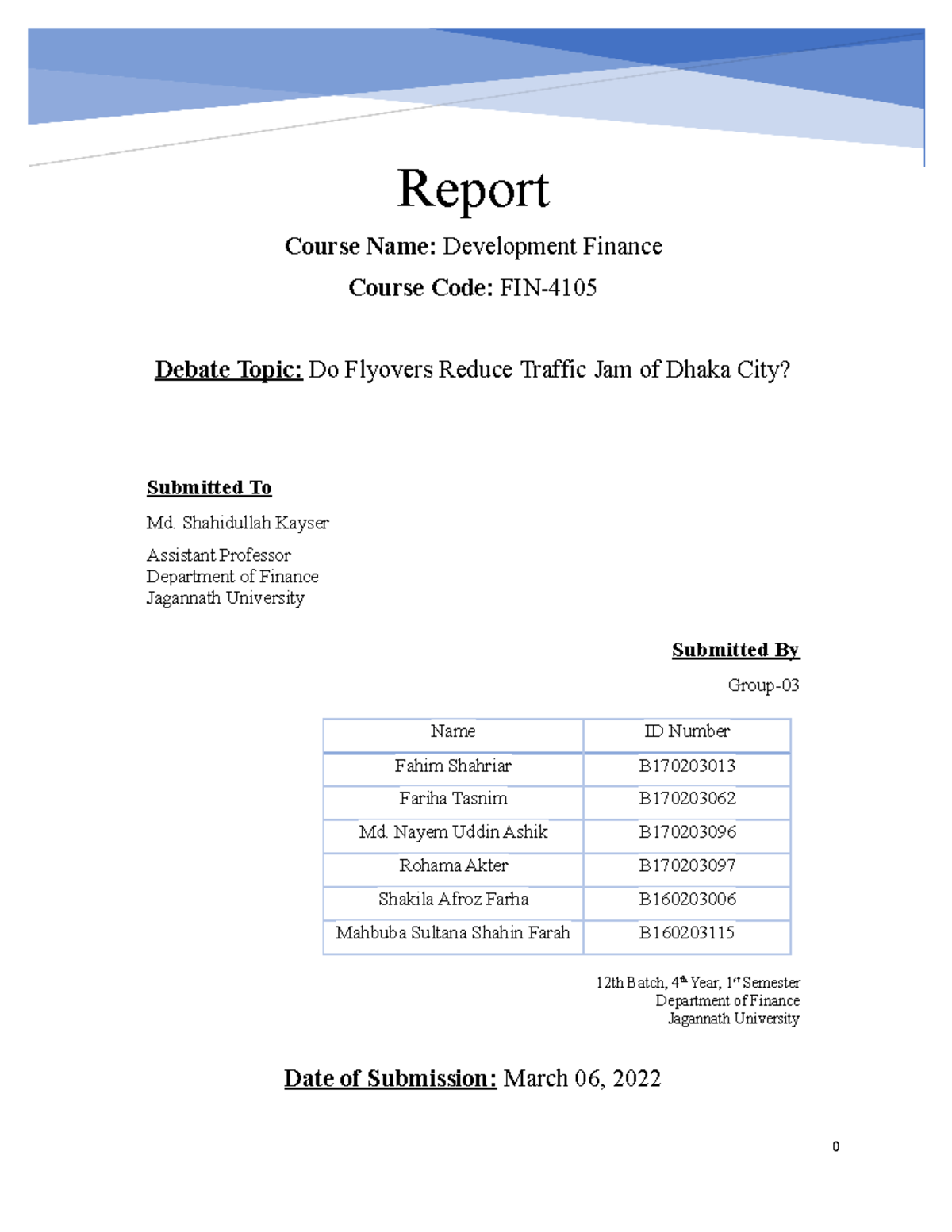 Group 03 (FIN 4105 Report) - Report Course Name: Development Finance ...