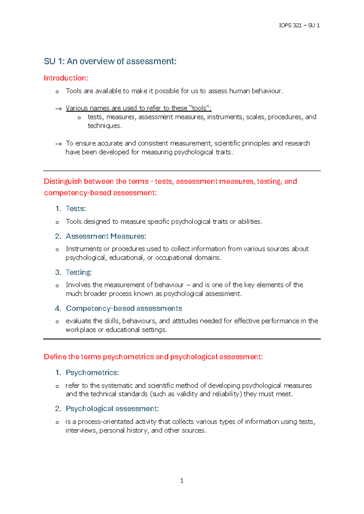 IOPS 321 - Study Unit 1 - SU 1: An overview of assessment: Introduction ...