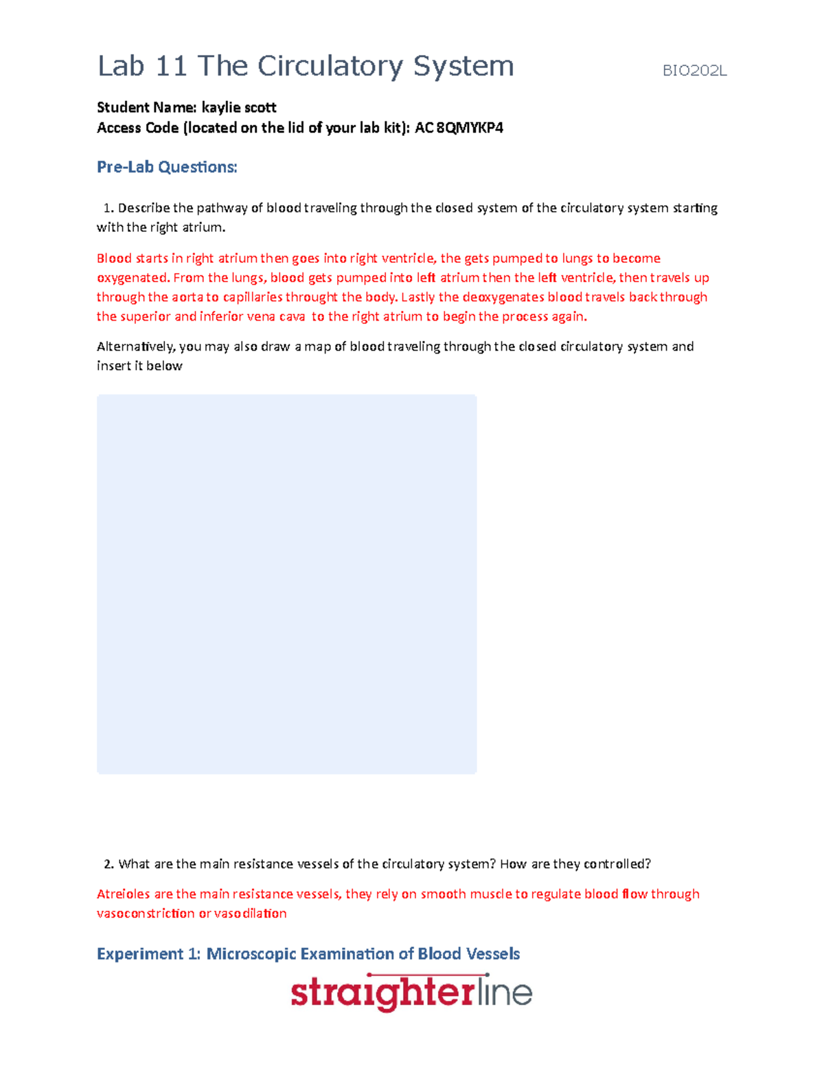 BIO202L+Lab+11 circulatory system - Student Name: kaylie scot Access Code (located on the lid of ...