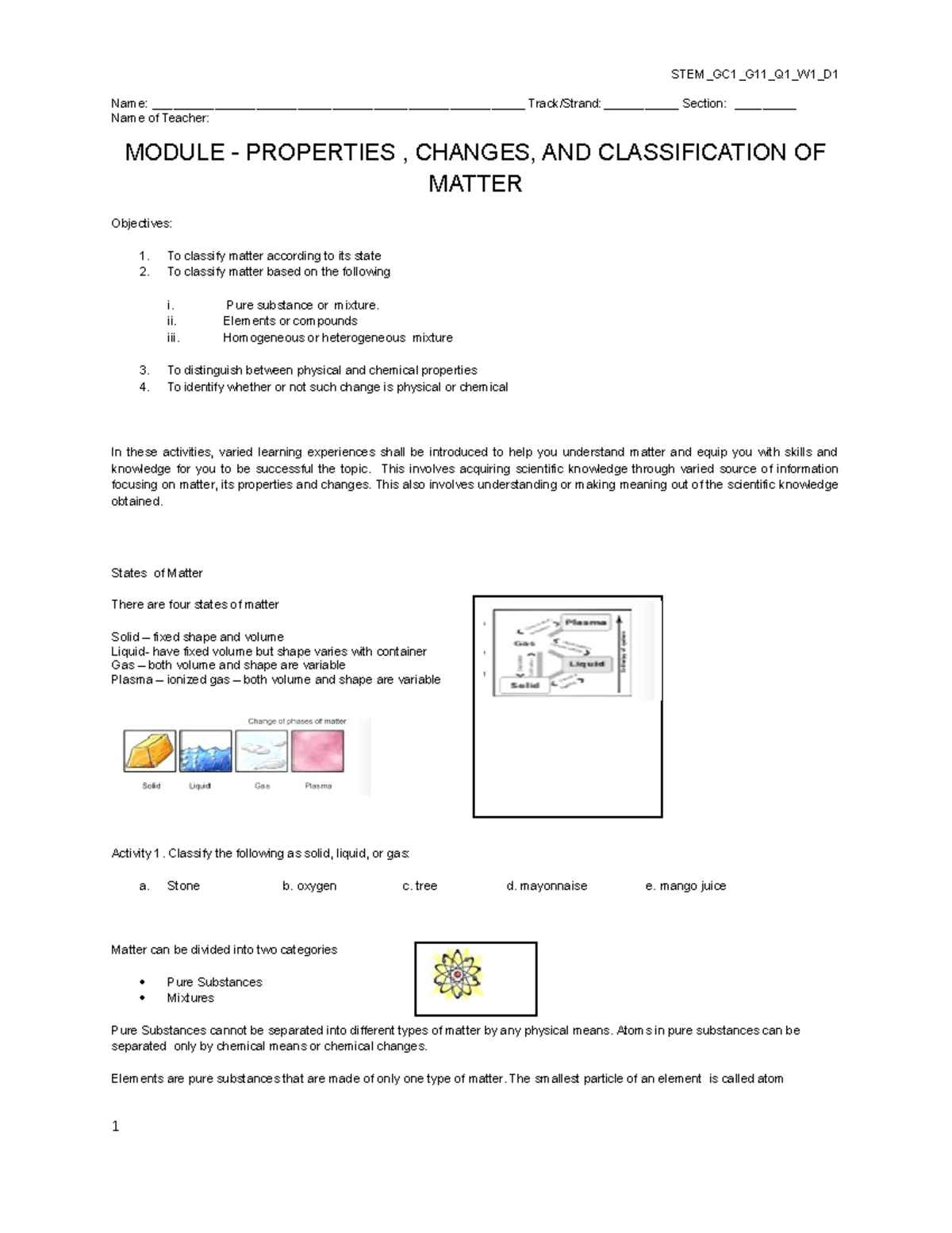 STEM GC1 G11 Q1 W1 D1 - THIS IS A MODULE ON MATTER AND ITS CHANGES ...