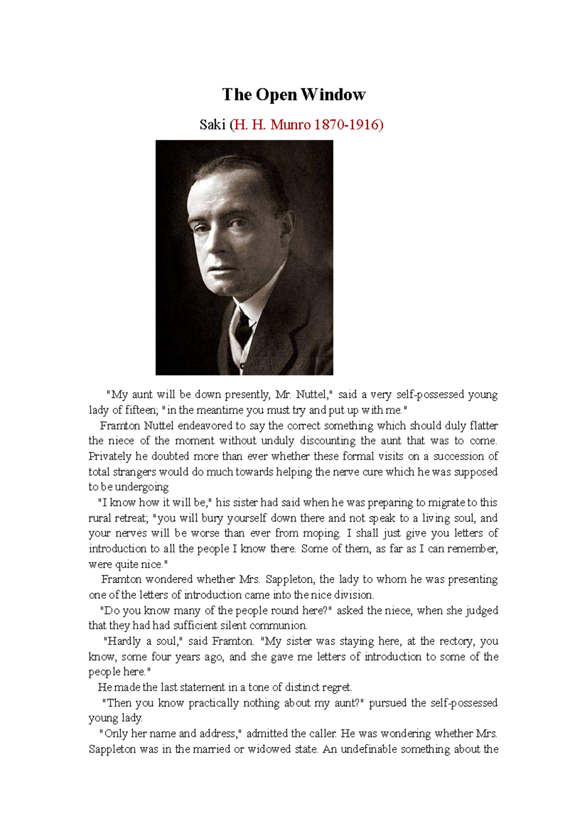 The Open Window - draft - The Open Window Saki (H. H. Munro 1870-1916 ...