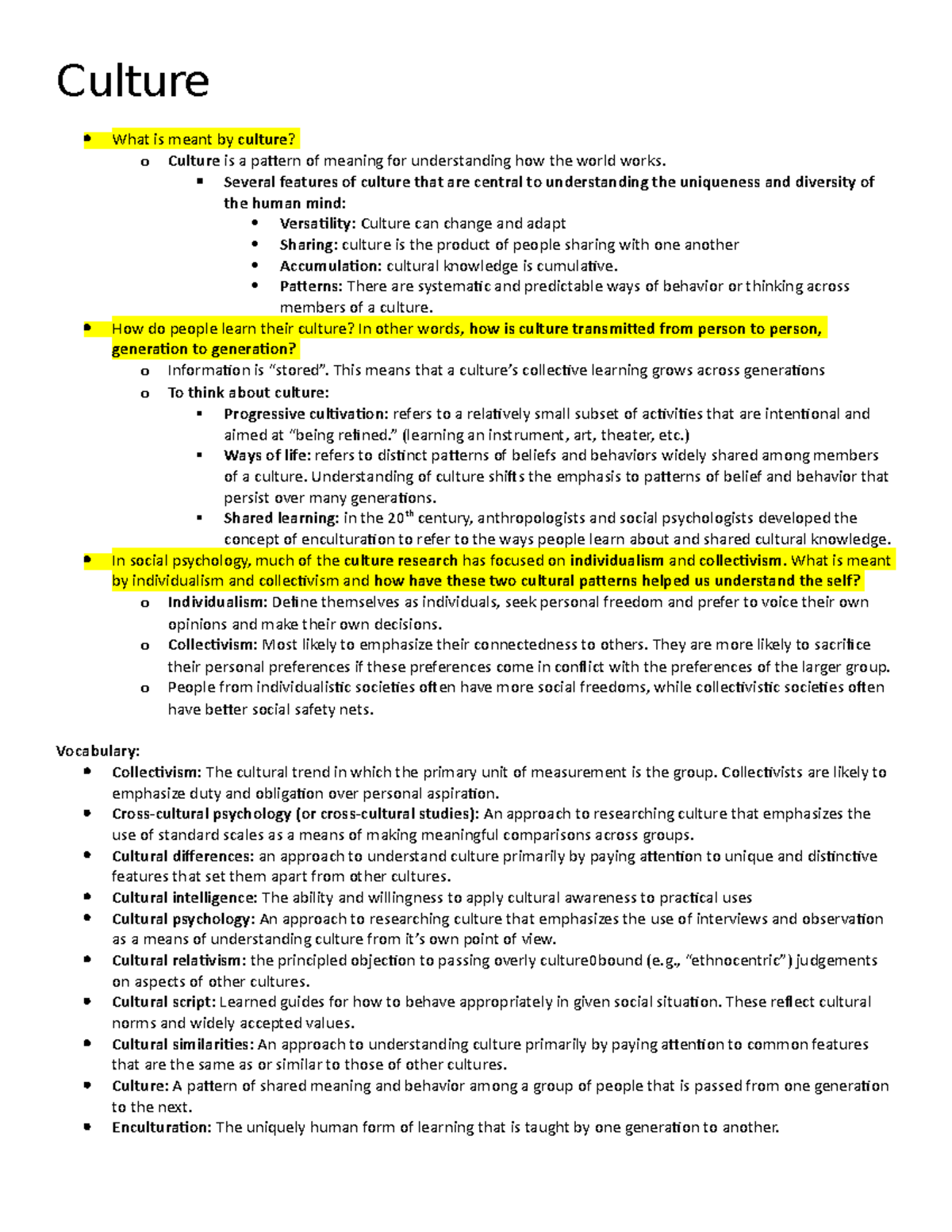 Culture - Lecture notes 12 - Culture What is meant by culture? o ...