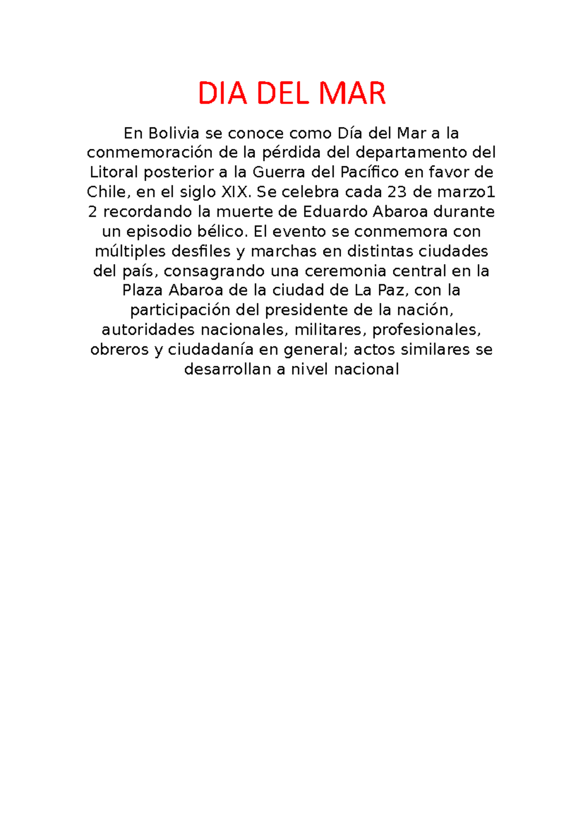 DIA DEL MAR - .- VB - DIA DEL MAR En Bolivia se conoce como Día del Mar ...