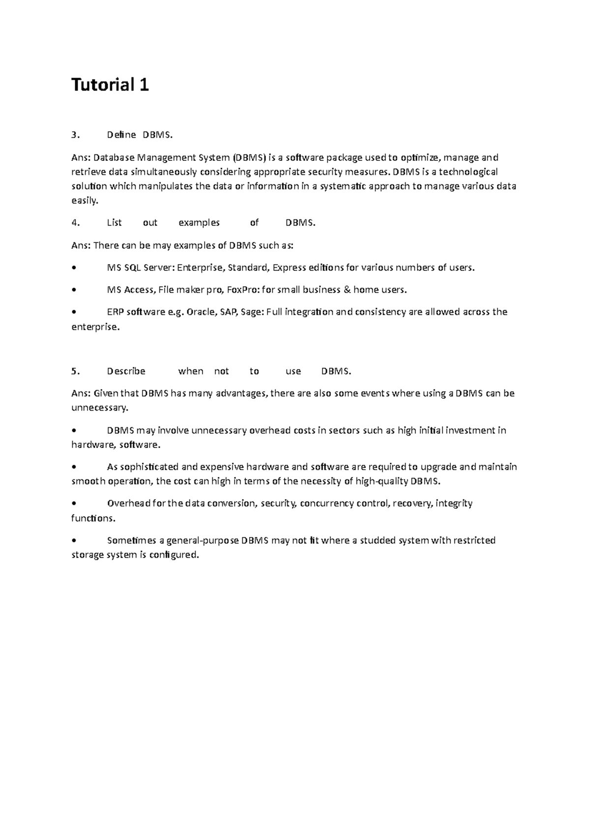 New Microsoft Word Document - Copy - Tutorial 1 Define DBMS. Ans ...