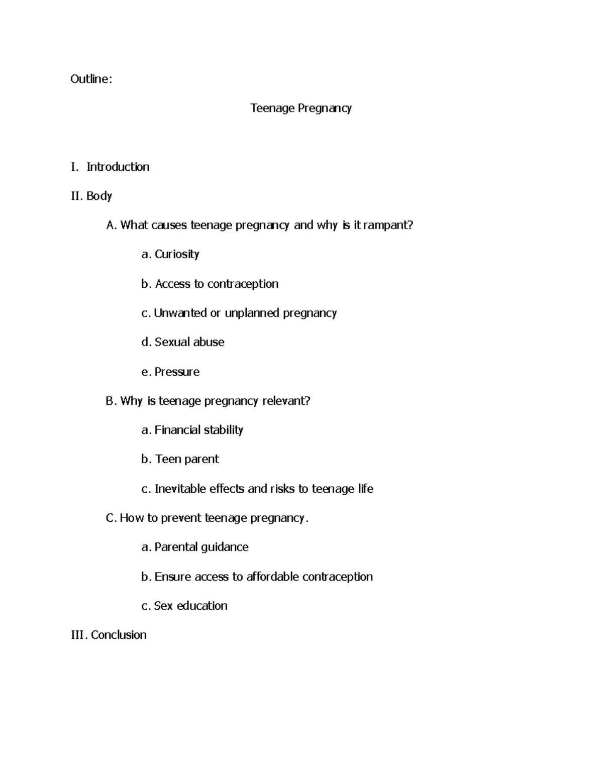 teenage pregnancy eapp12 essay - Outline: Teenage Pregnancy I ...