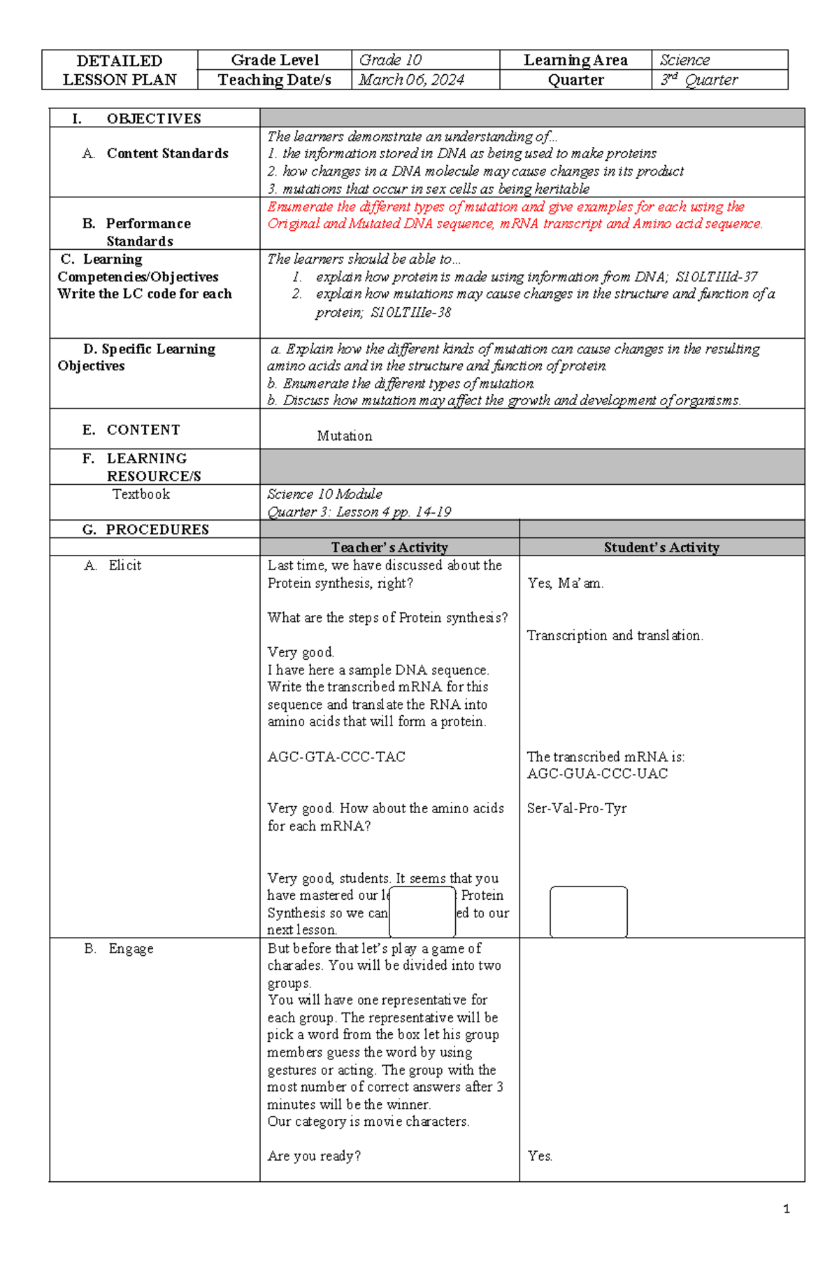 LP-Mutations CO - Lesson Plan on Gene Mutations for COT - DETAILED ...
