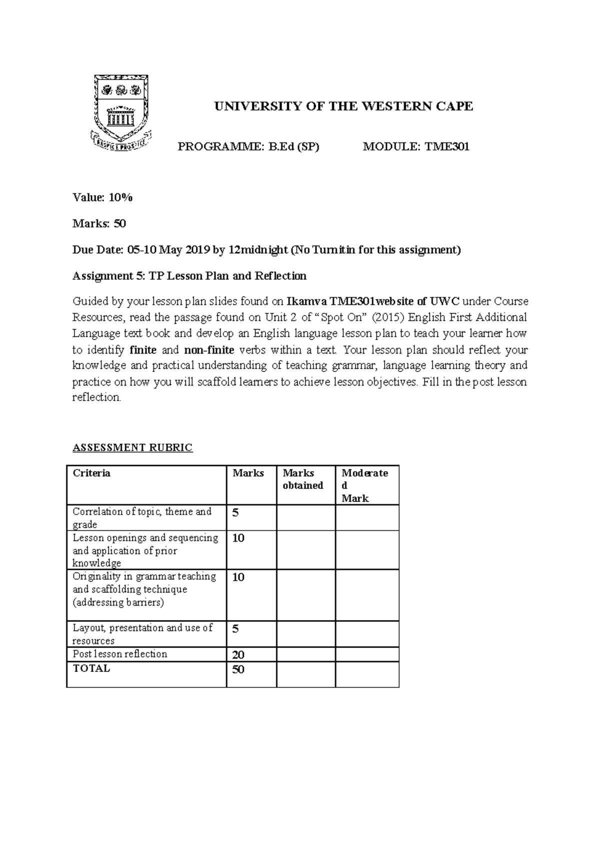 TME301 Lesson Plan Assignment 2019 - UNIVERSITY OF THE WESTERN CAPE ...