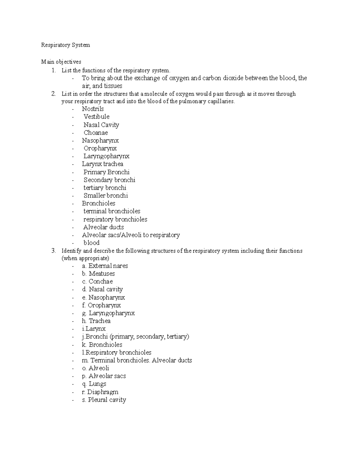 Respiratory System - Study notes question - Respiratory System Main ...