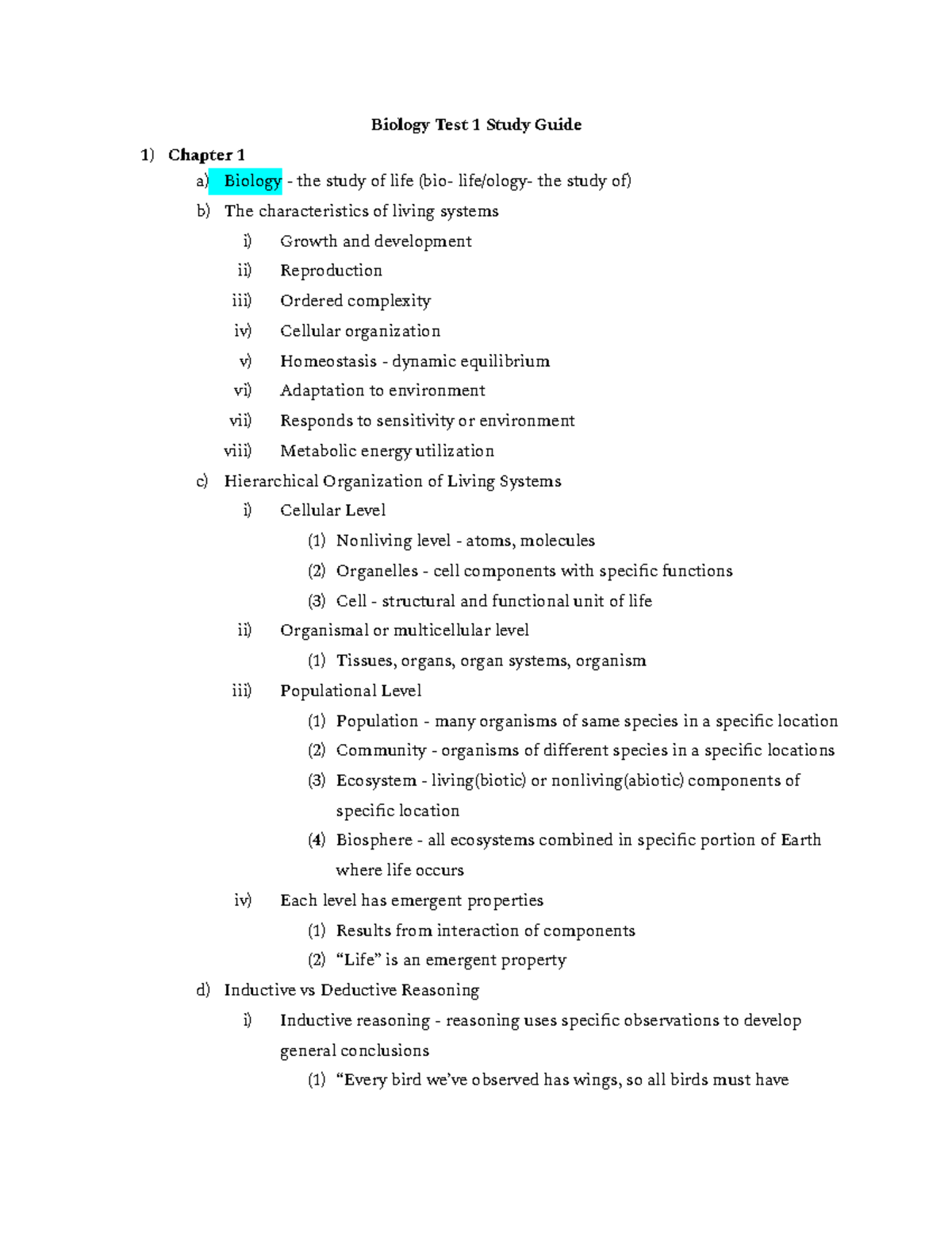 Biology Study Guide - Biology Test 1 Study Guide Chapter 1 a) Biology ...