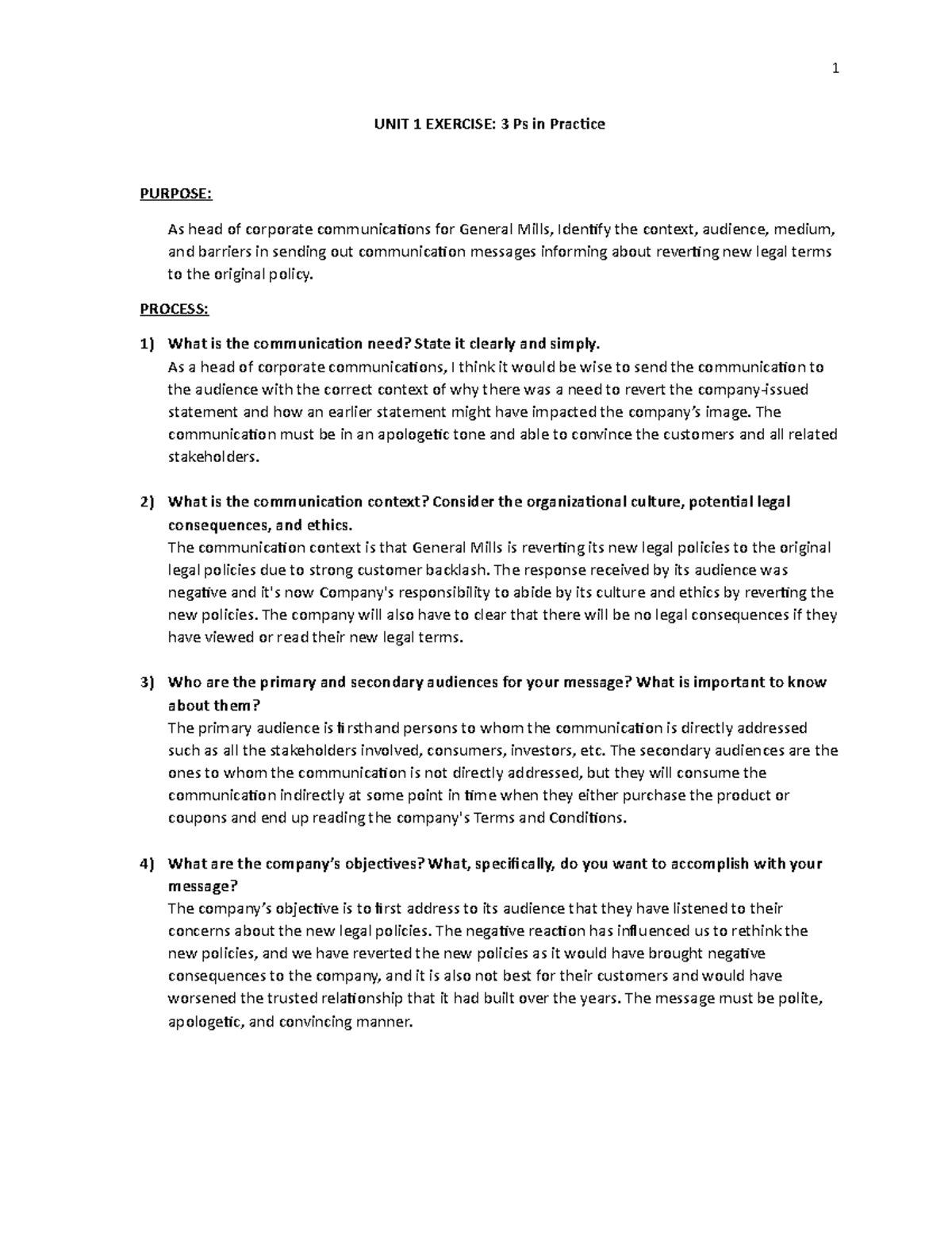 MGMT 520 - Unit 1 Exercise - 3Ps in Practice - 1 UNIT 1 EXERCISE: 3 Ps in Practice PURPOSE: As ...