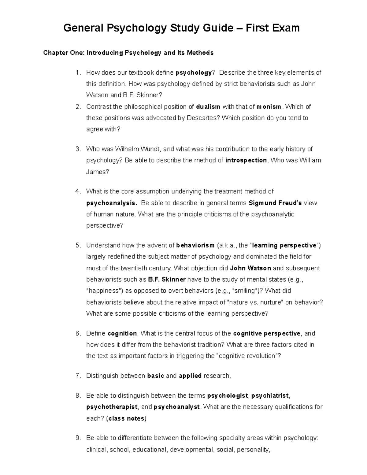 Study Guide One - n/a - General Psychology Study Guide – First Exam ...