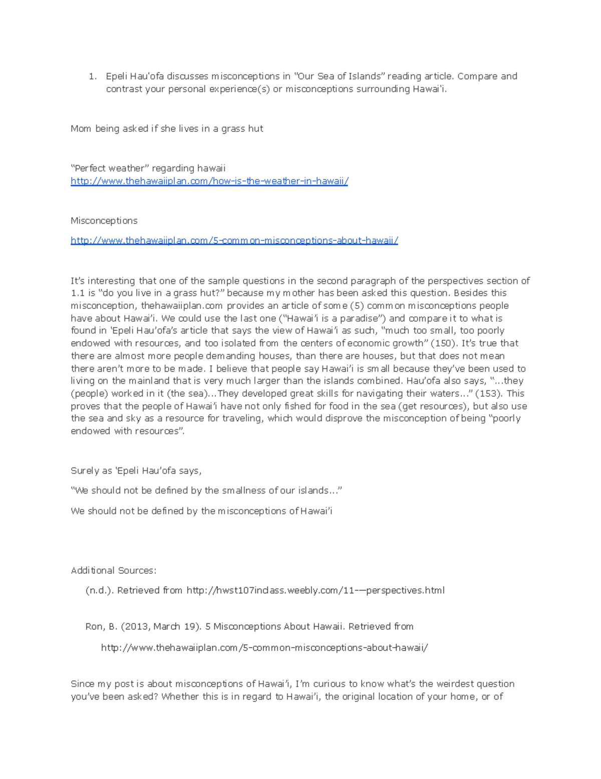 HWST 107 TD 2 - HWST 107 TD 2 notes - Epeli Hauʻofa discusses ...